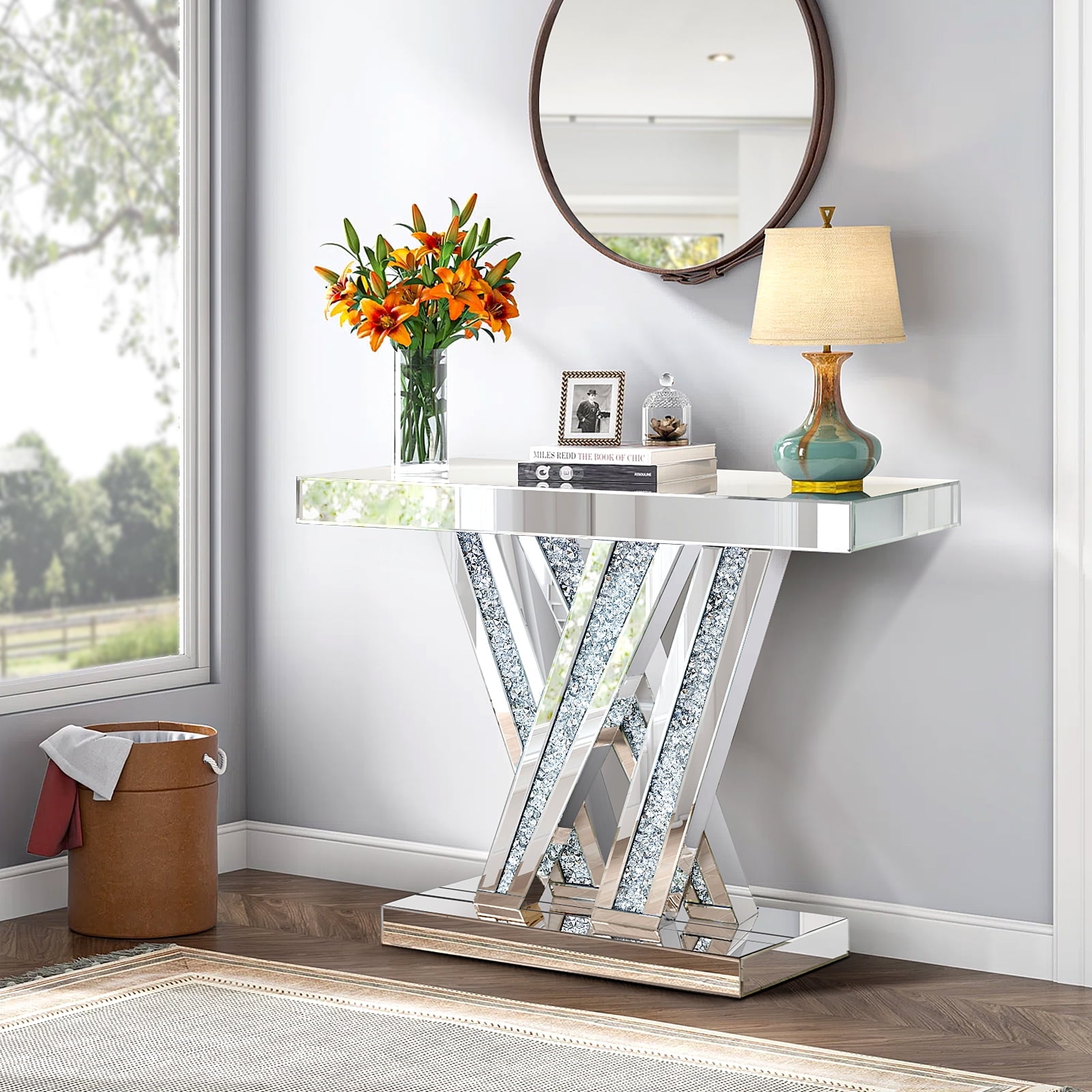 Modern Entryway Console Table with Crushed Diamond Inlay, 35" Silver ...