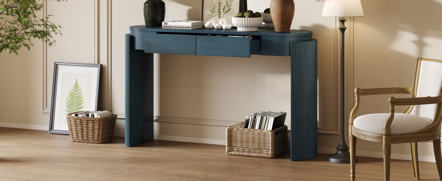 Modern Entryway Console Table with Natural Wood Grain Finish, Fluted ...