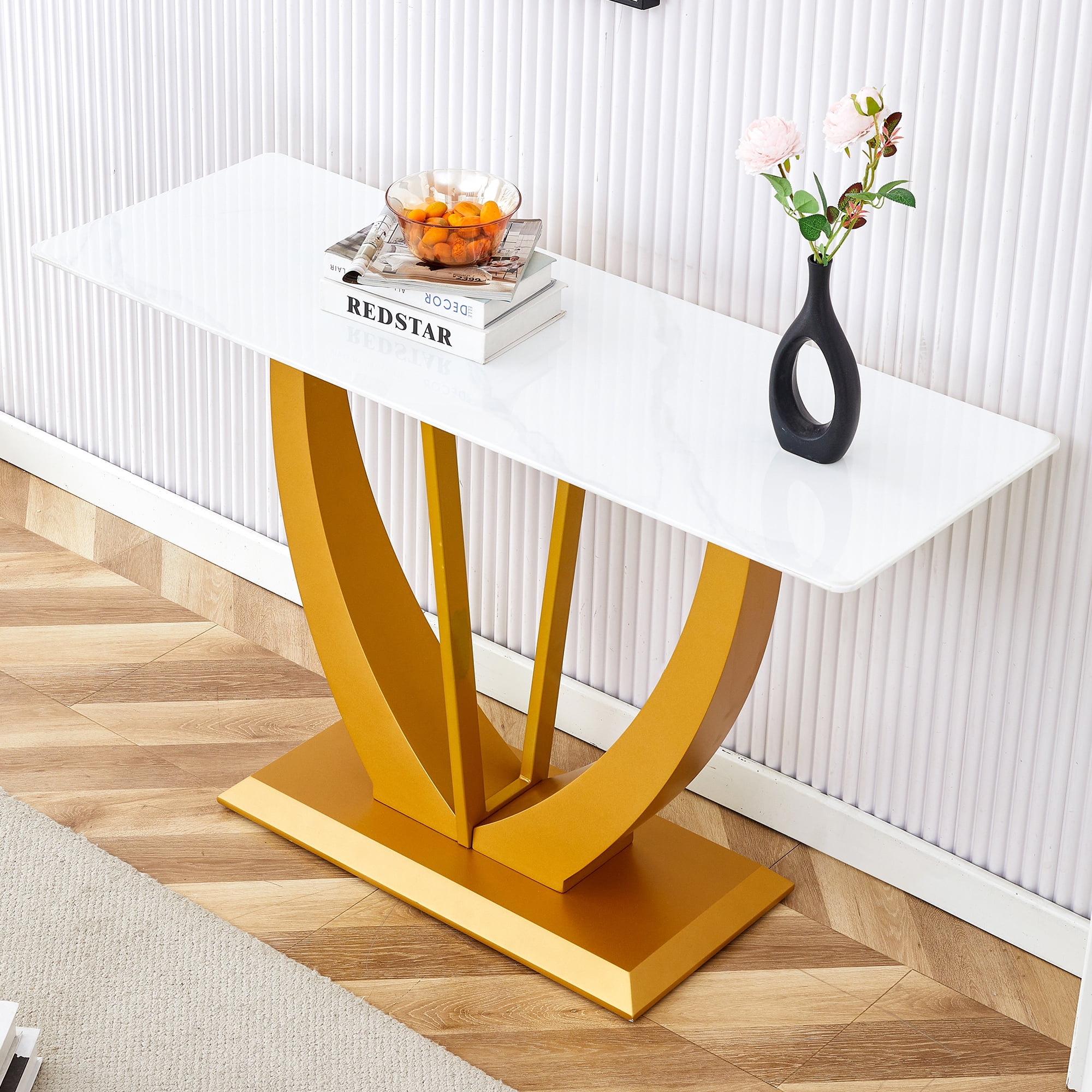 Modern Entryway Table, Glass Entrance Sofa Table with Oval Frames and Gold MDF Base, Tempered ...