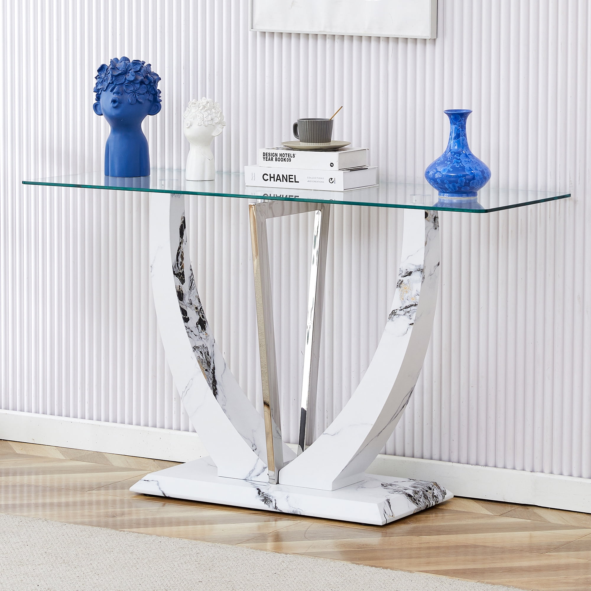 Modern Entryway Table, Glass Entrance Sofa Table with Oval Frames and White Marbling MDF Base ...