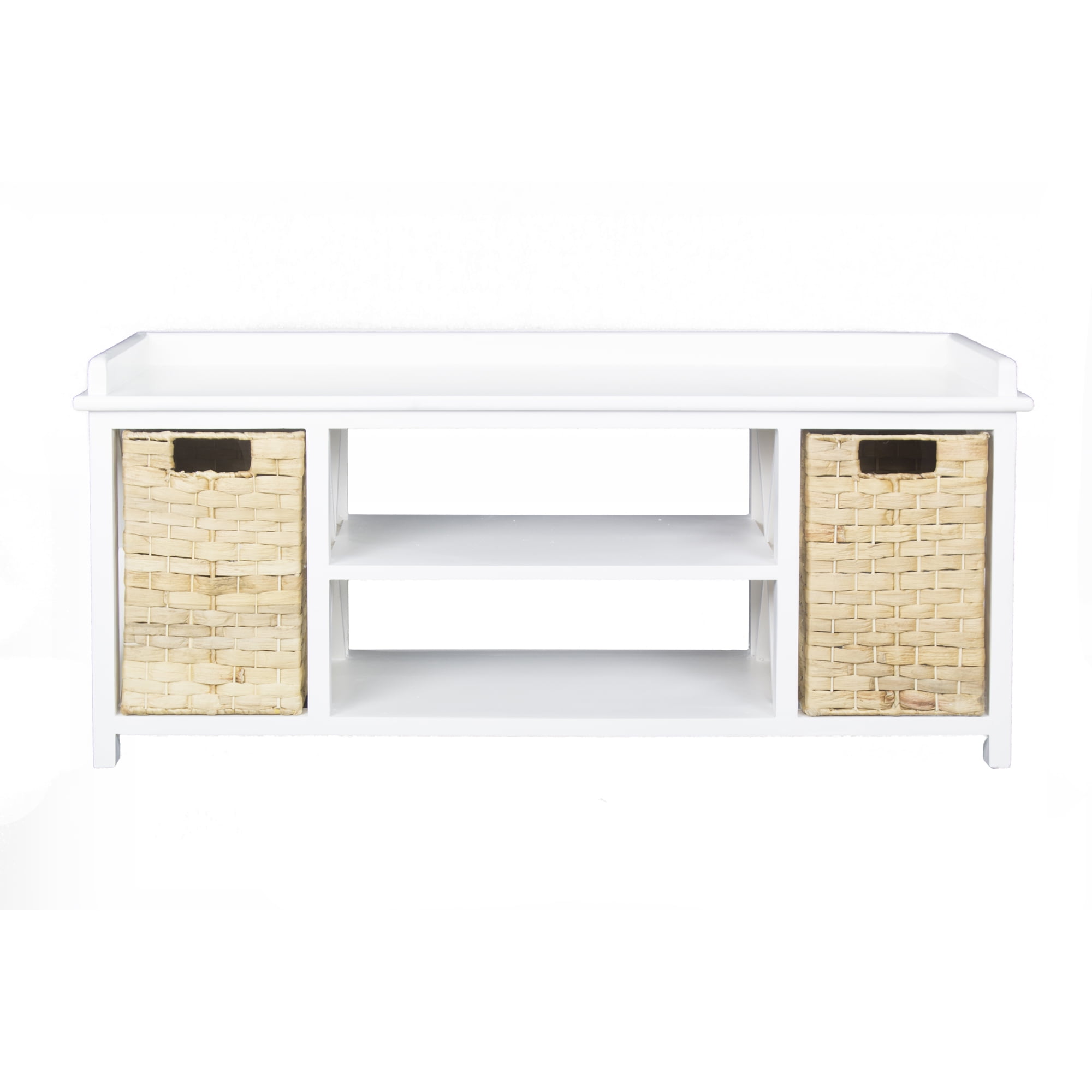 Modern Entryway White Wood Finish Storage Bench with Two Woven Storage ...