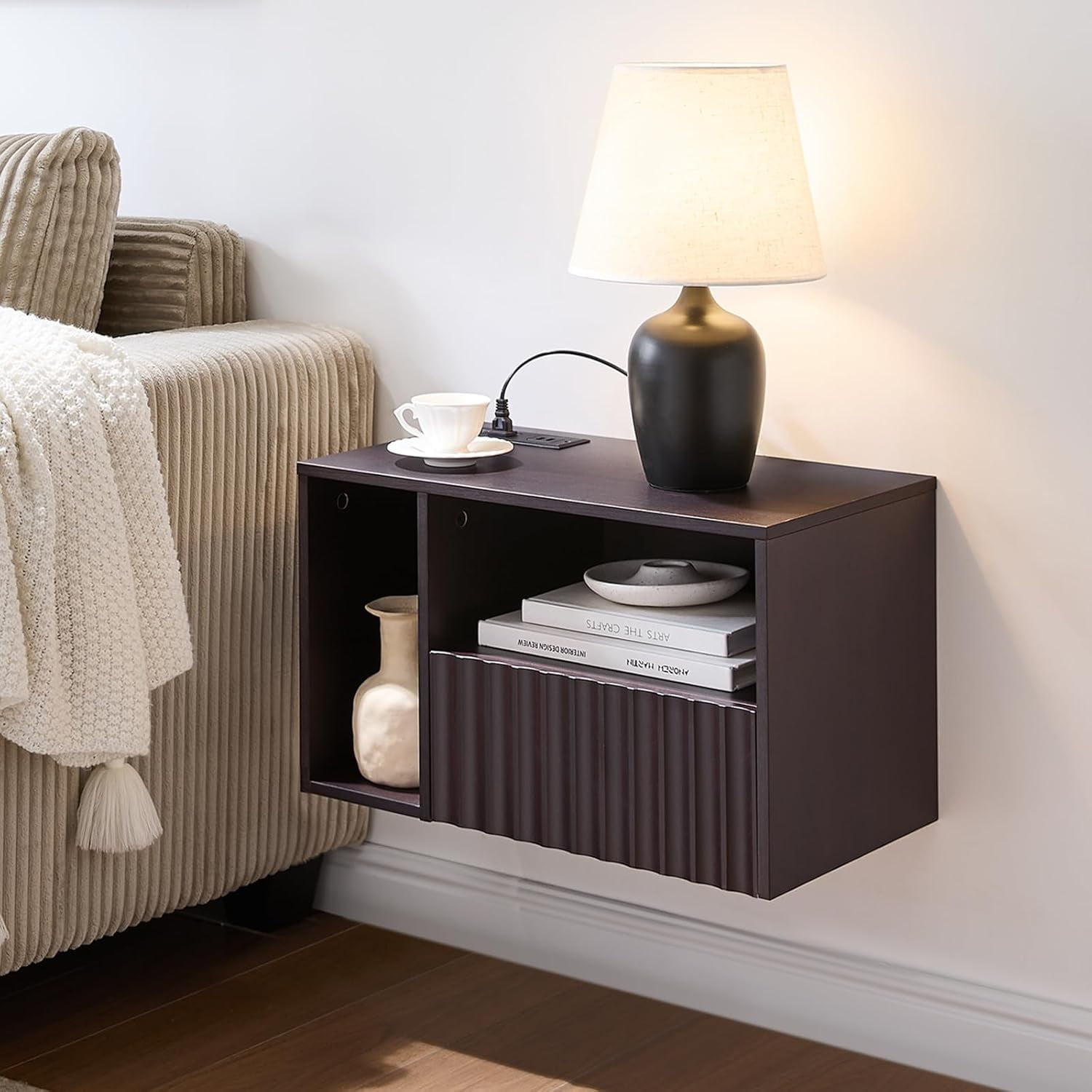 Modern Espresso Fluted Floating Nightstand with Charging Station ...