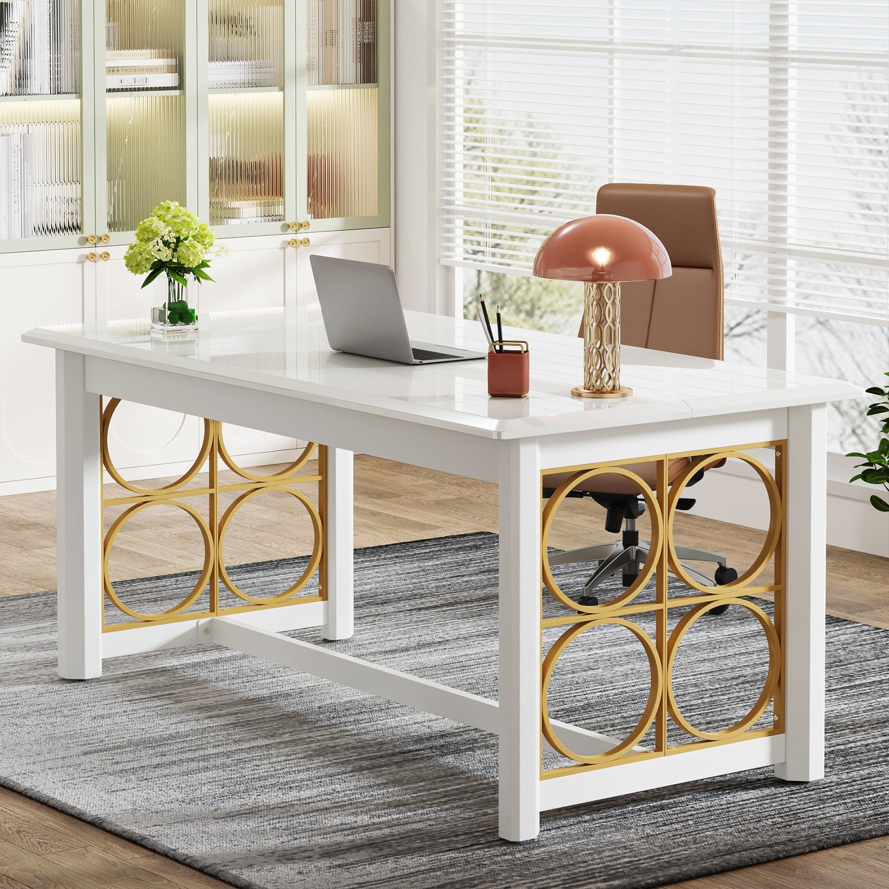 Modern Exeutive Desk, Large Home Office Desk with Sturdy Base Glossy ...