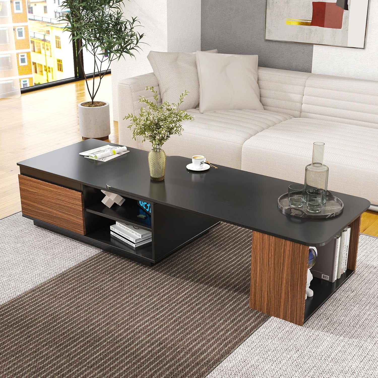 Modern Expandable Coffee Table with Two Storage Drawers, Suitable for ...