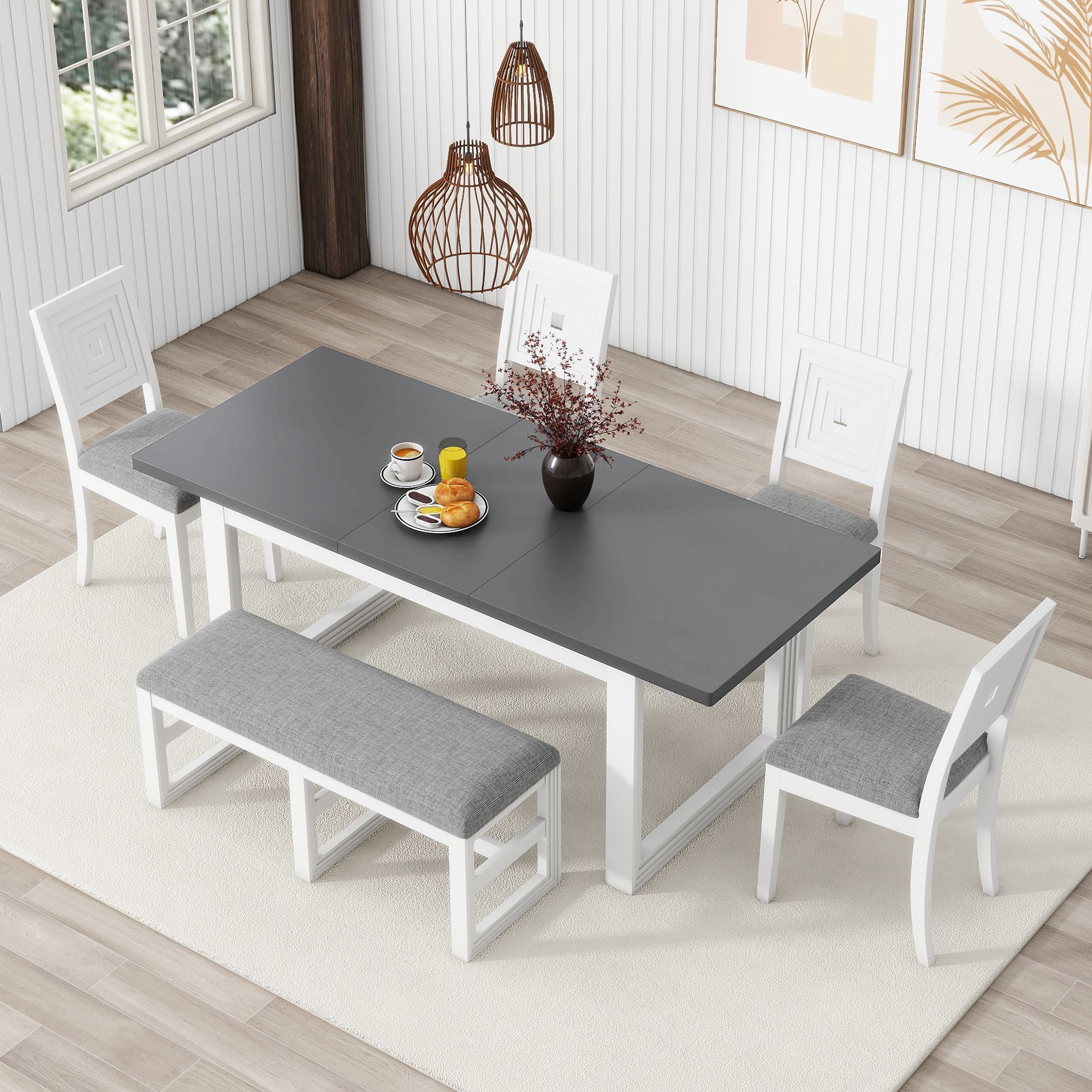 Modern Extendable Dining Table Set for 6 with 4 Upholstered Dining ...