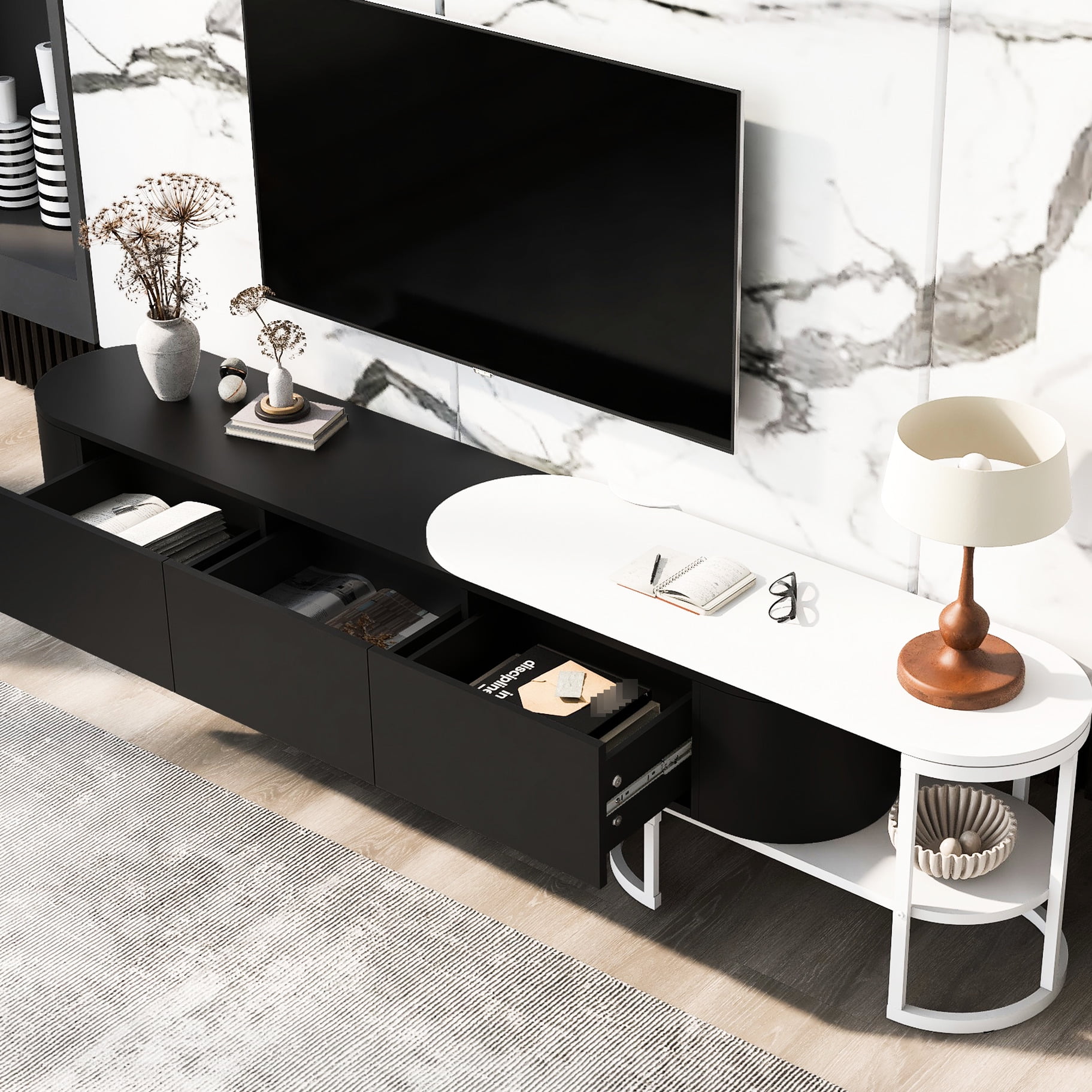 Modern Extensible Tv Unit For 75" Tvs, 3 With Black White Glossy ...