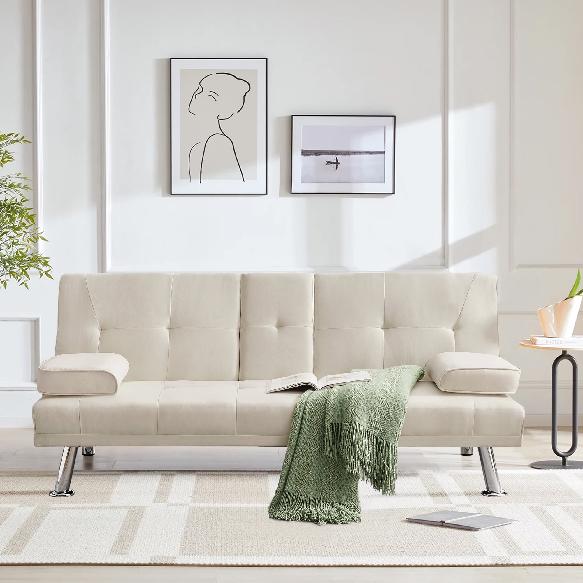 Modern Fabric Linen Futon with Cupholders and Pillows, Upholstered ...