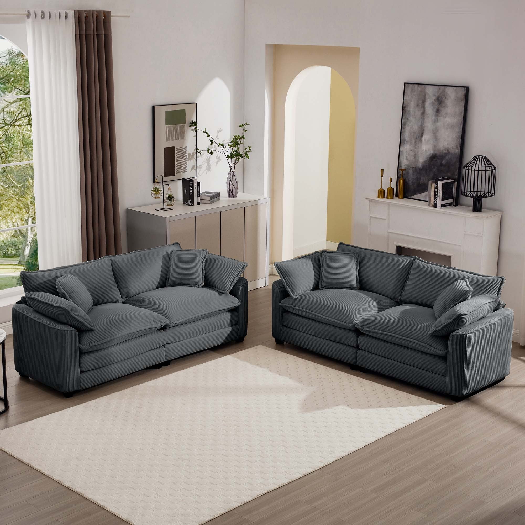 Modern Fabric Living Room Sofa Two Pieces Set, Two 2-Seater Sofas with ...