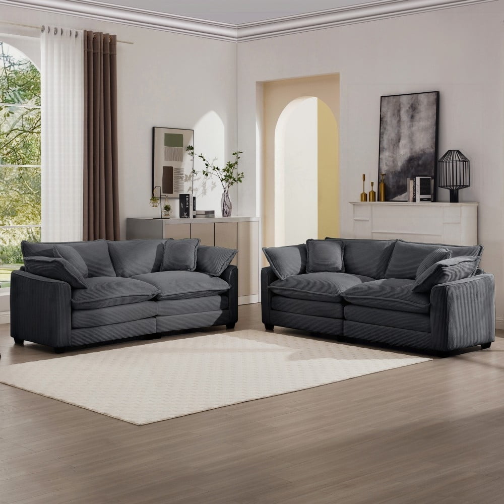Modern Grey Corduroy Two-Seater Sofa Set with 8 Cushion Upholstery and ...
