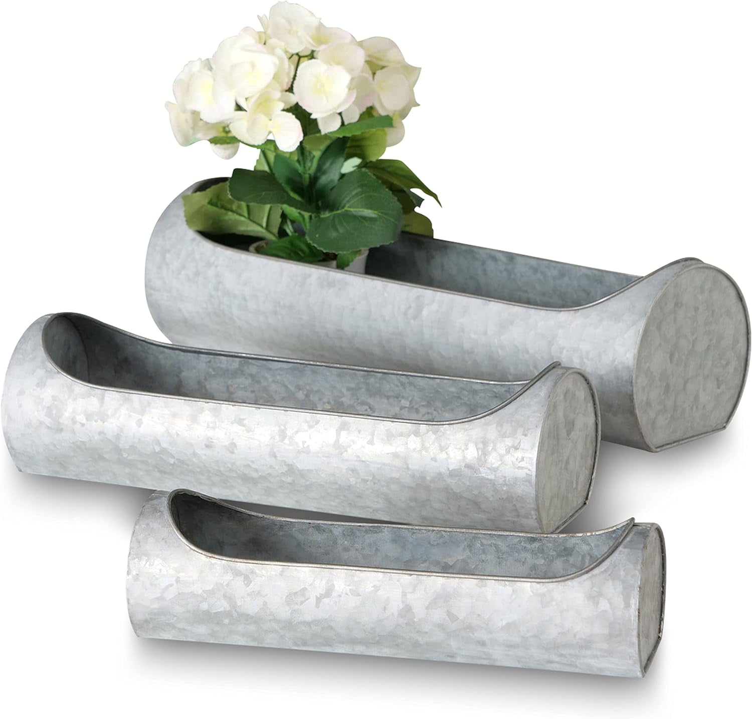 Modern Farm House Trough Planters, Set 3, Metal, Galvanized Grey Color ...