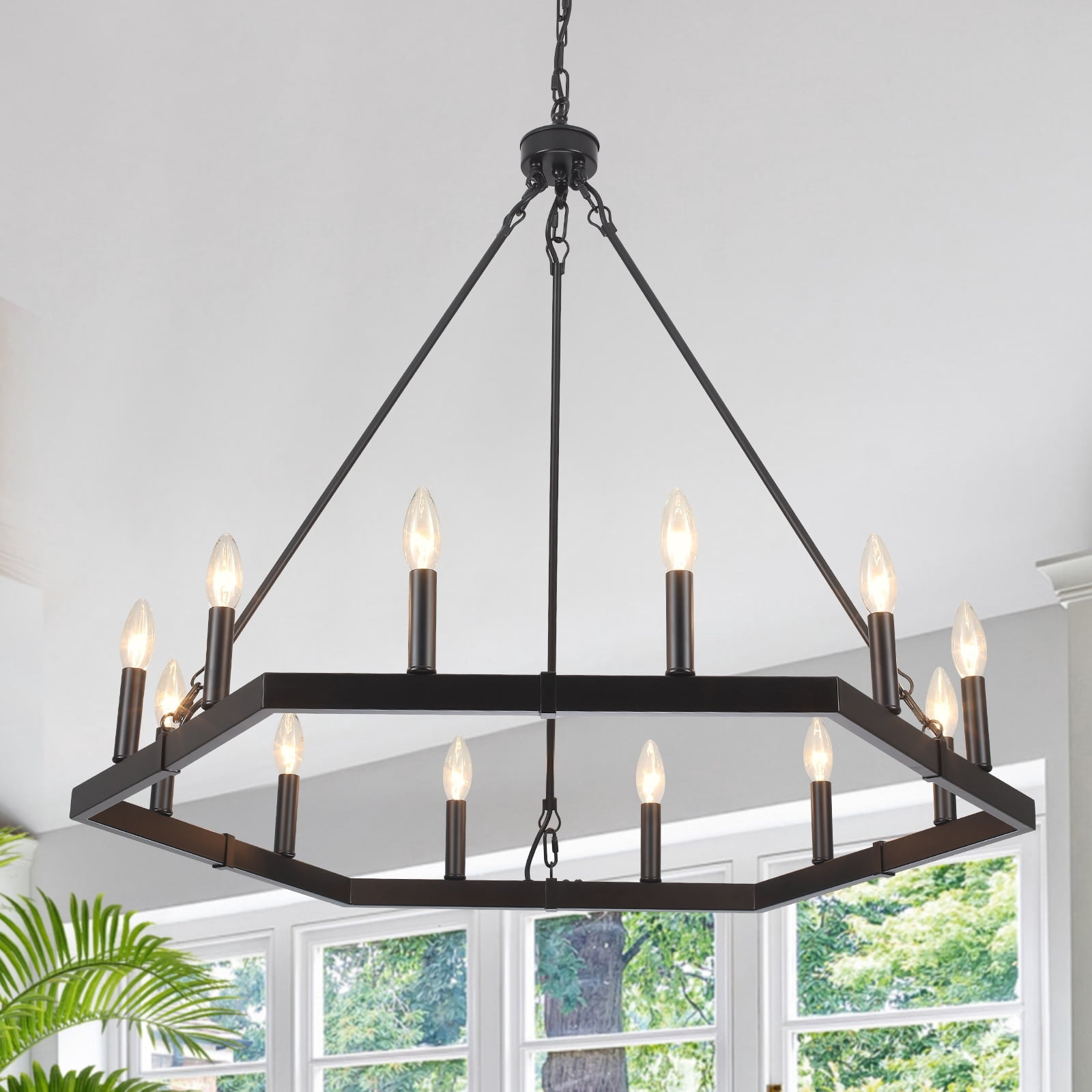 Modern Farmhouse 12-Light Hexagonal Design Wagon Wheel Chandelier for ...