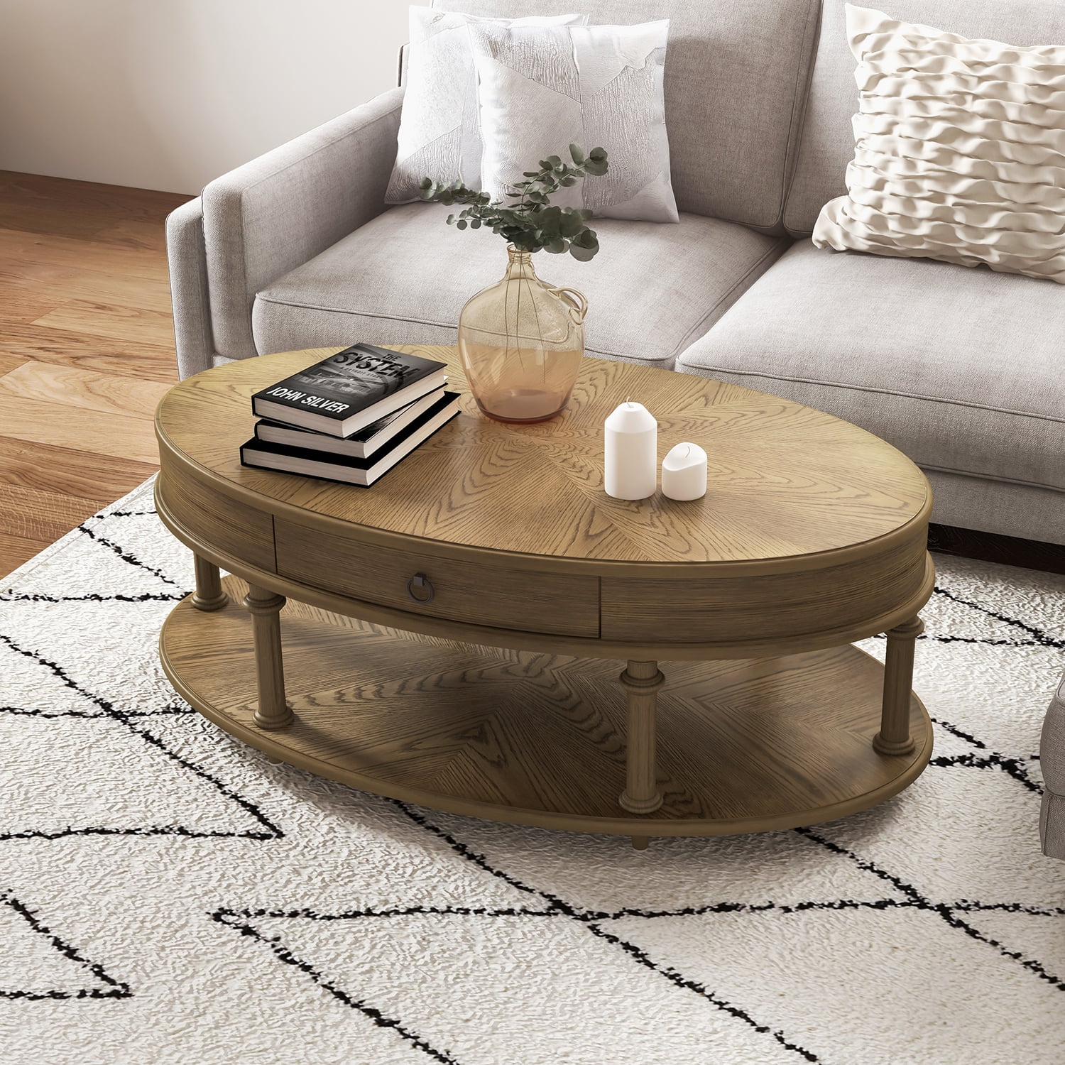 Modern Farmhouse Coffee Table, Large Round Center Table with 1 Drawer ...