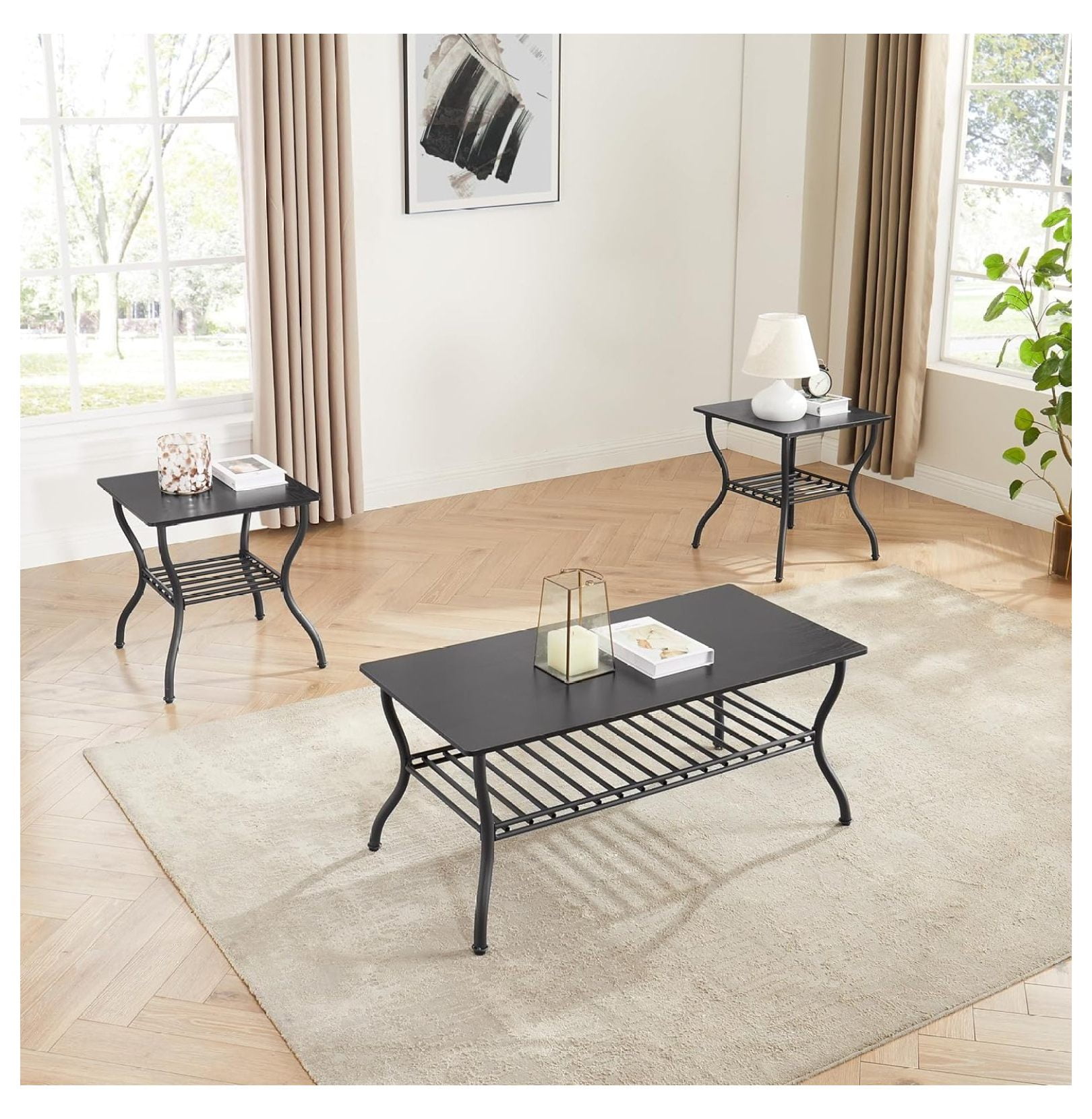 Modern Farmhouse Coffee Table Set of 3: Industrial Rectangle Living ...