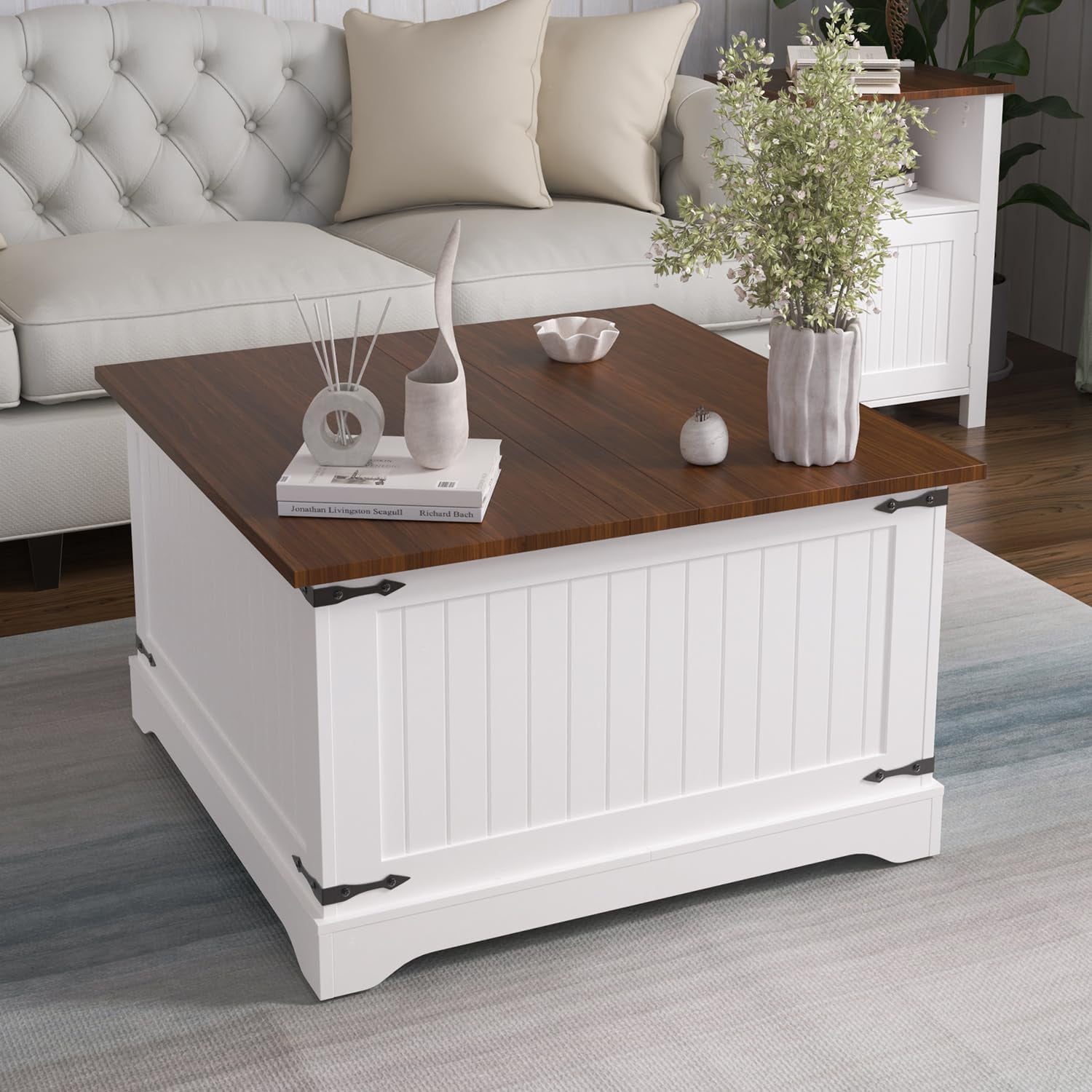 Modern Farmhouse Coffee Table, Square Center Table with Large Hidden ...
