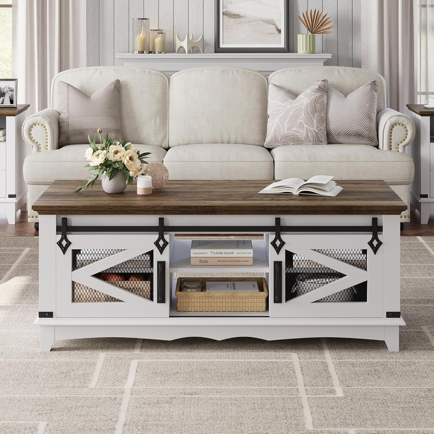 Modern Farmhouse Coffee Table with Storage, 48'' Large Cocktail Table ...