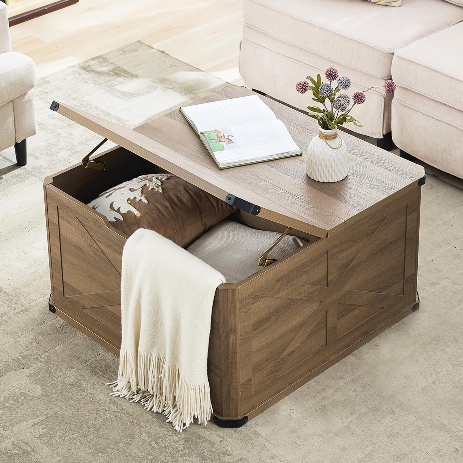 Modern Farmhouse Coffee Table with Storage, Large Square Flip-Top ...