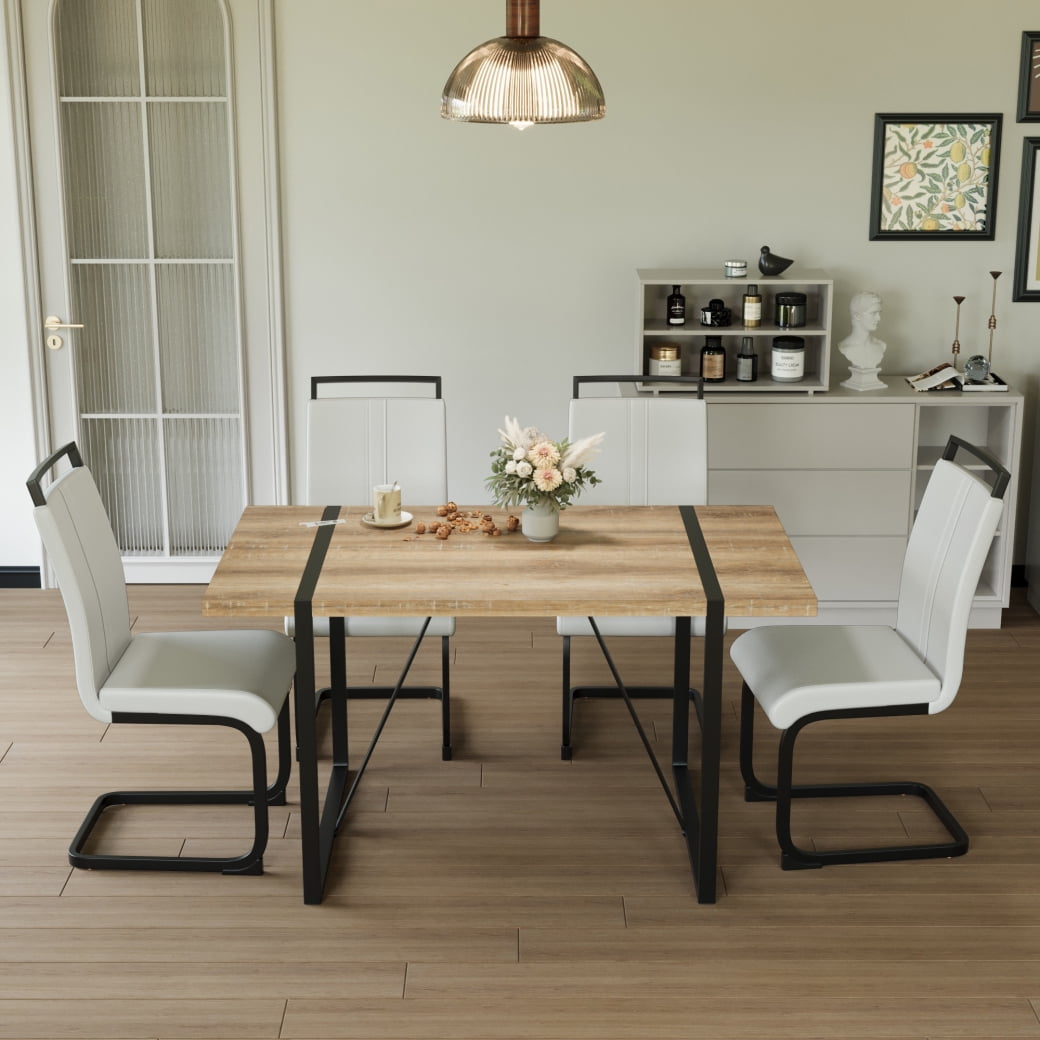 Modern Farmhouse Dining Table Set with 4 PU-Cushioned Chairs ...