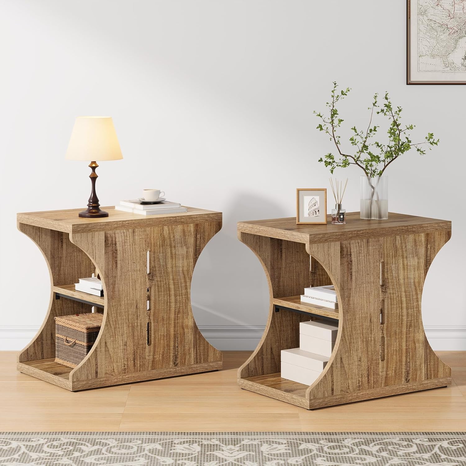 Modern Farmhouse End Table Set of 2, Wood Side Tables with Storage, 3 ...