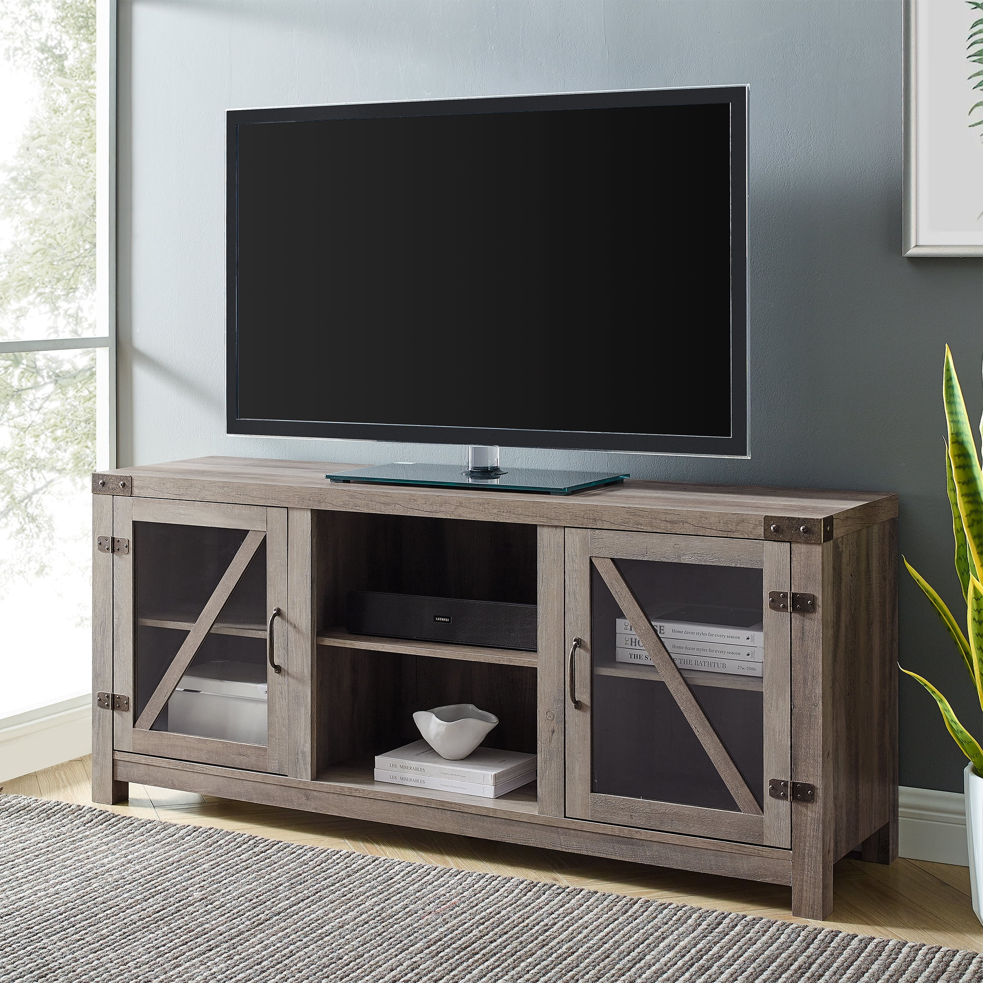 Modern Farmhouse Glass Door TV Stand for TVs up to 65", Grey Wash ...