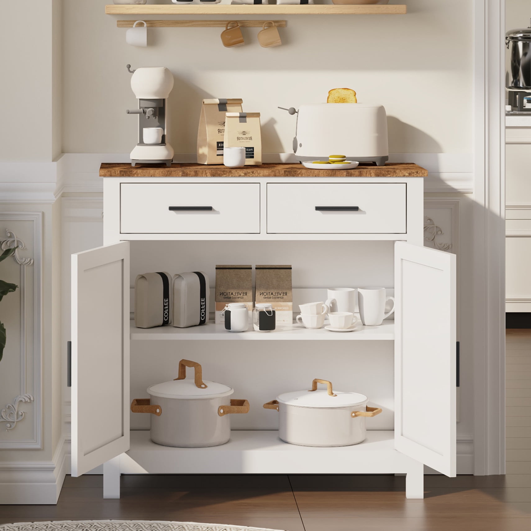 Modern Farmhouse Kitchen Storage Cabinet with 2 Drawers & 2 Doors ...