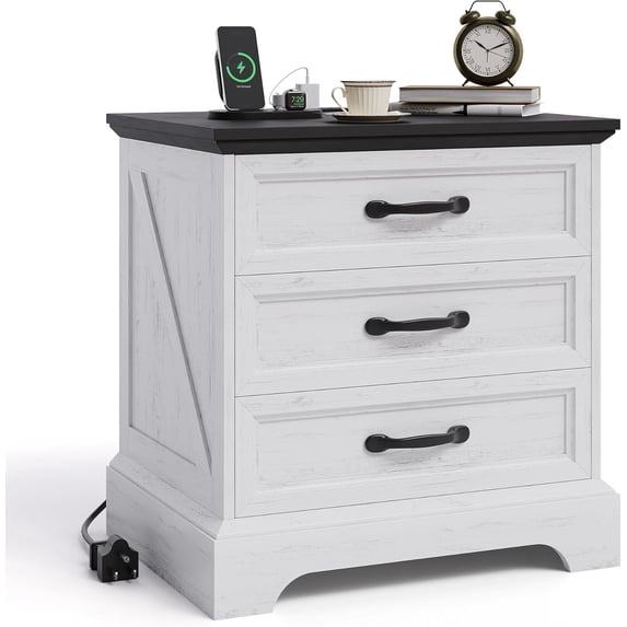 Modern Farmhouse Nightstand with Charging Station & 3 Large Drawers ...