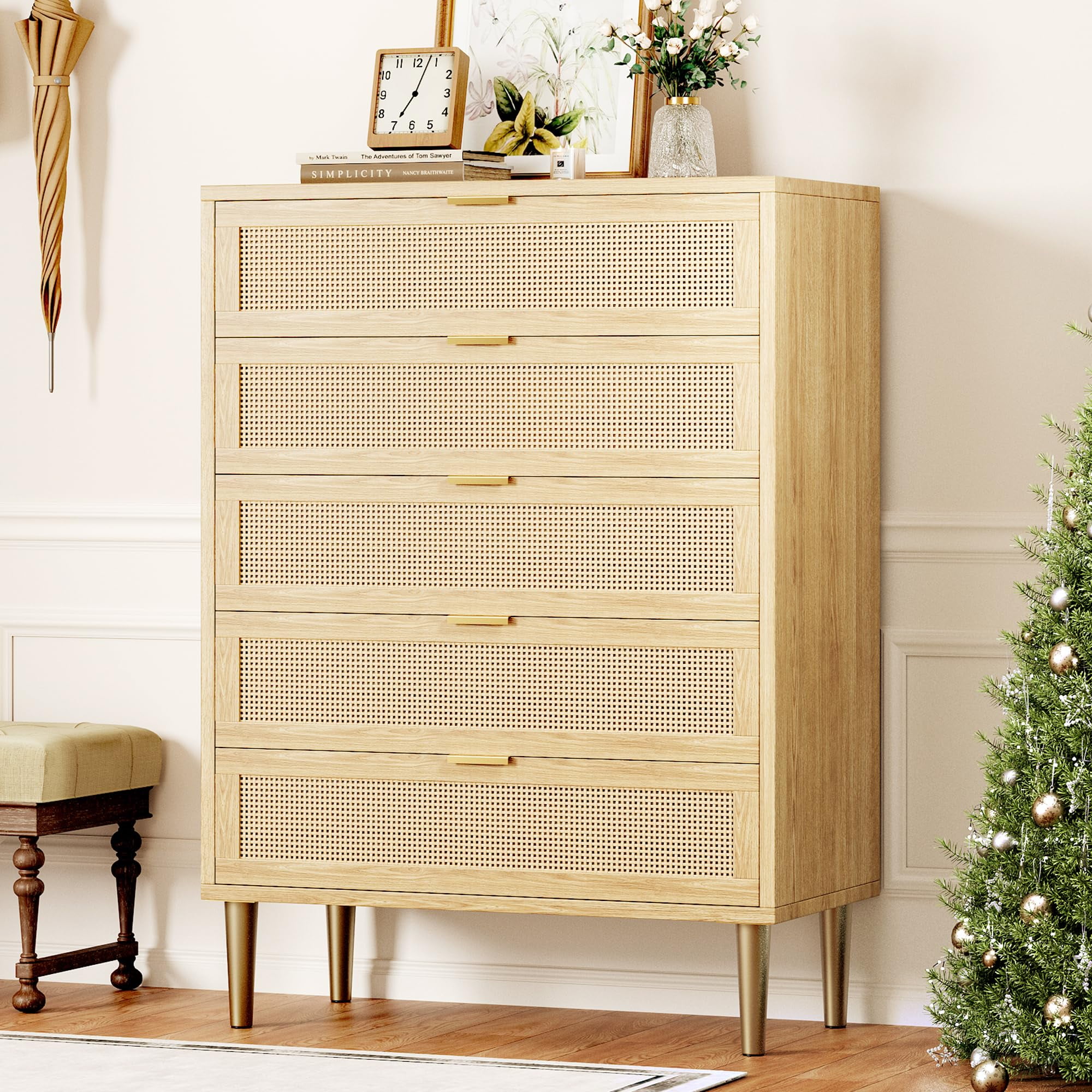 Modern Farmhouse Rattan 5 Drawer Dresser - Tall Narrow Wooden Chest ...