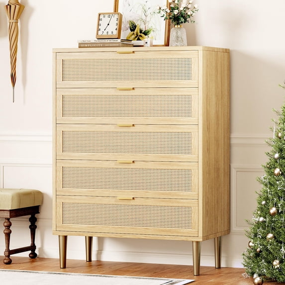 Modern Farmhouse Rattan 5 Drawer Dresser - Tall Narrow Wooden Chest ...