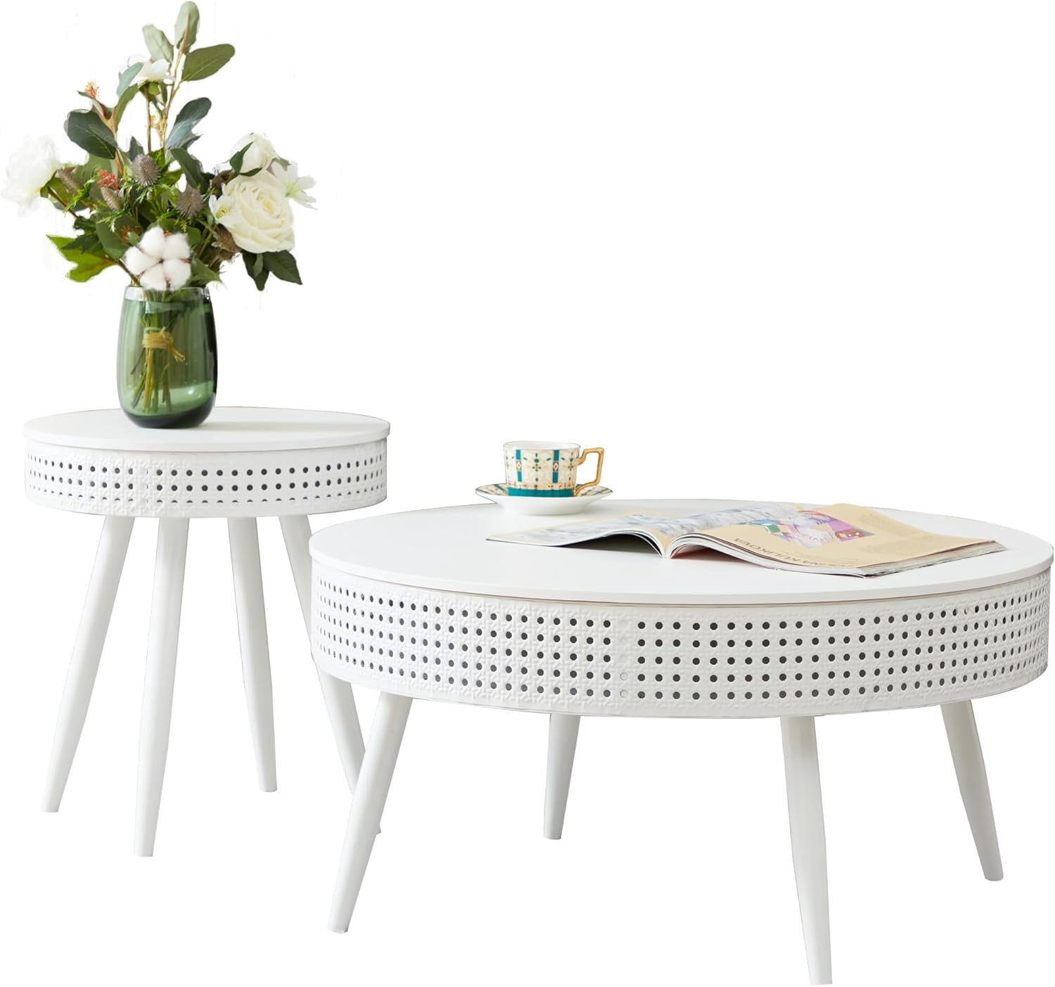Modern Farmhouse Round Coffee Table Set of 2,Iron Rattan End Table with ...