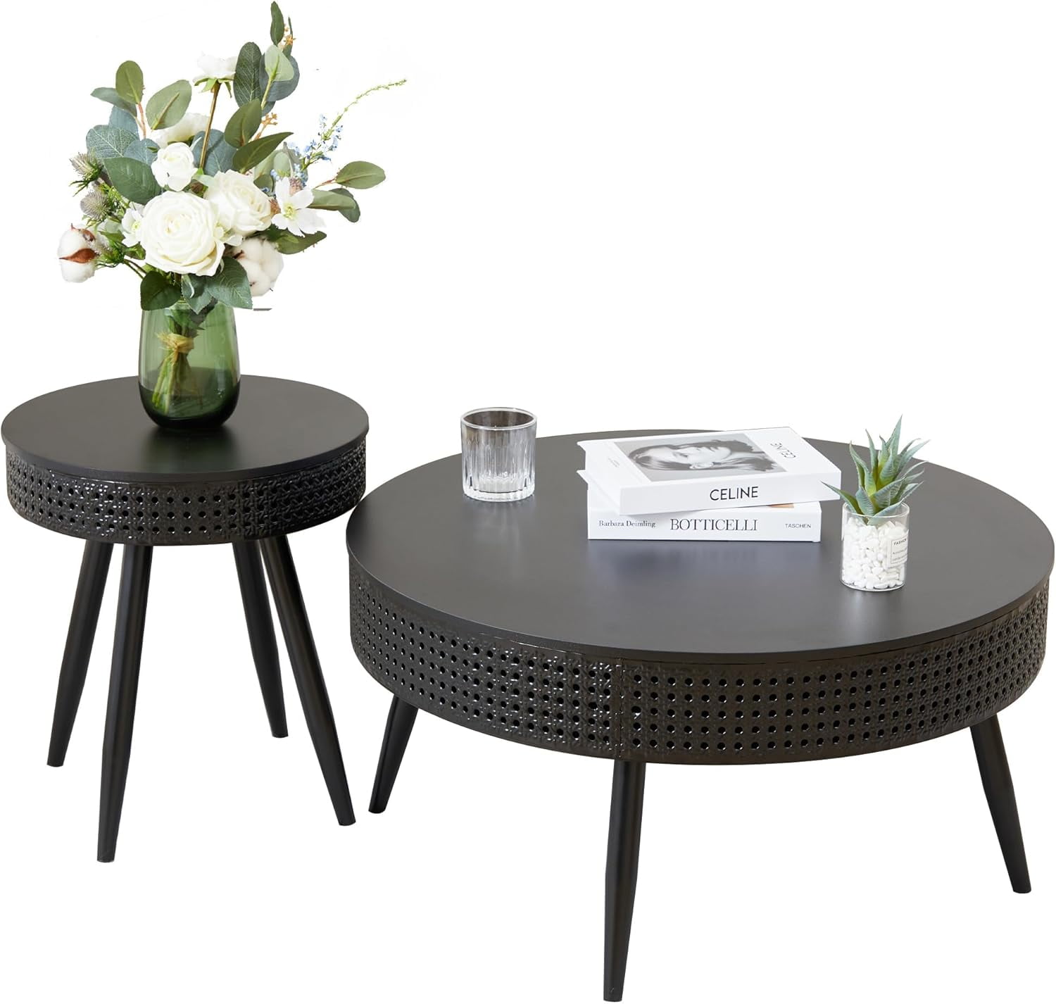 Modern Farmhouse Round End Table Set of 2,Iron Rattan Coffee Table with ...