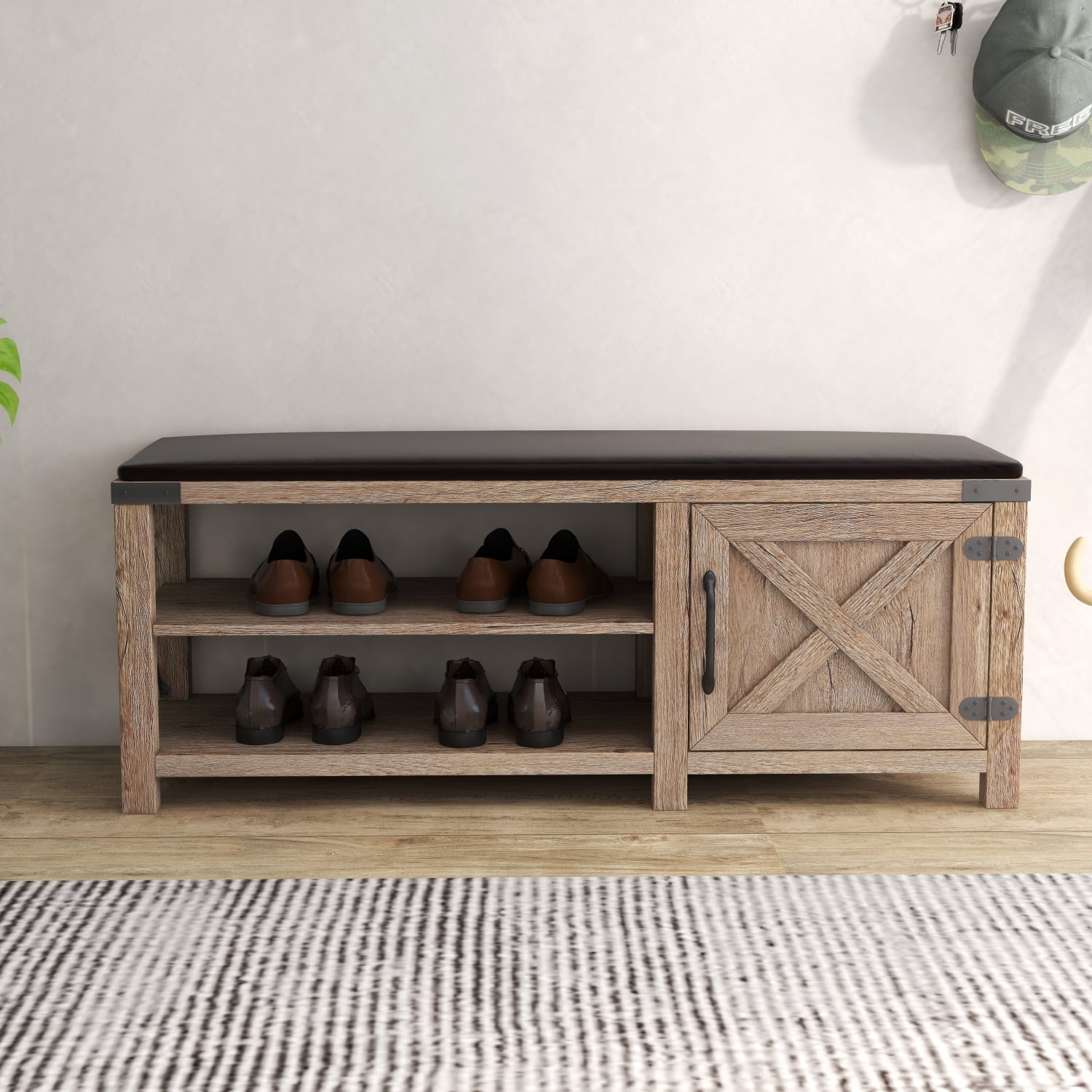 Modern Farmhouse Shoe Bench with Cushion, Tobacco Wood, Dual Tier Rack ...