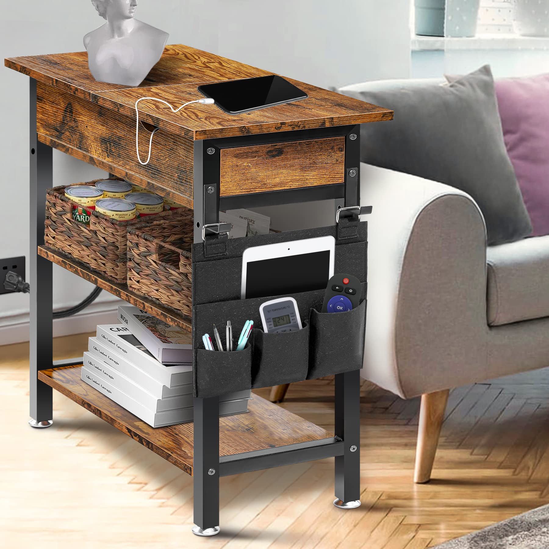 Modern Farmhouse Side Table with Charging Station & USB Ports, Side ...