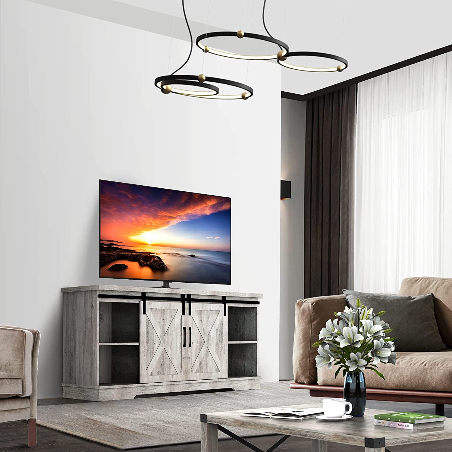 Unique Choice 46.9 Inch White Wooden TV Stand Storage Cabinet with 2 Sliding Barn Doors ...