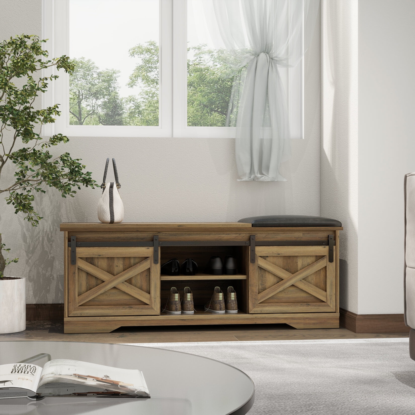 Modern Farmhouse Sliding X Barn Door Litterbox Bench with Entry Cutout ...