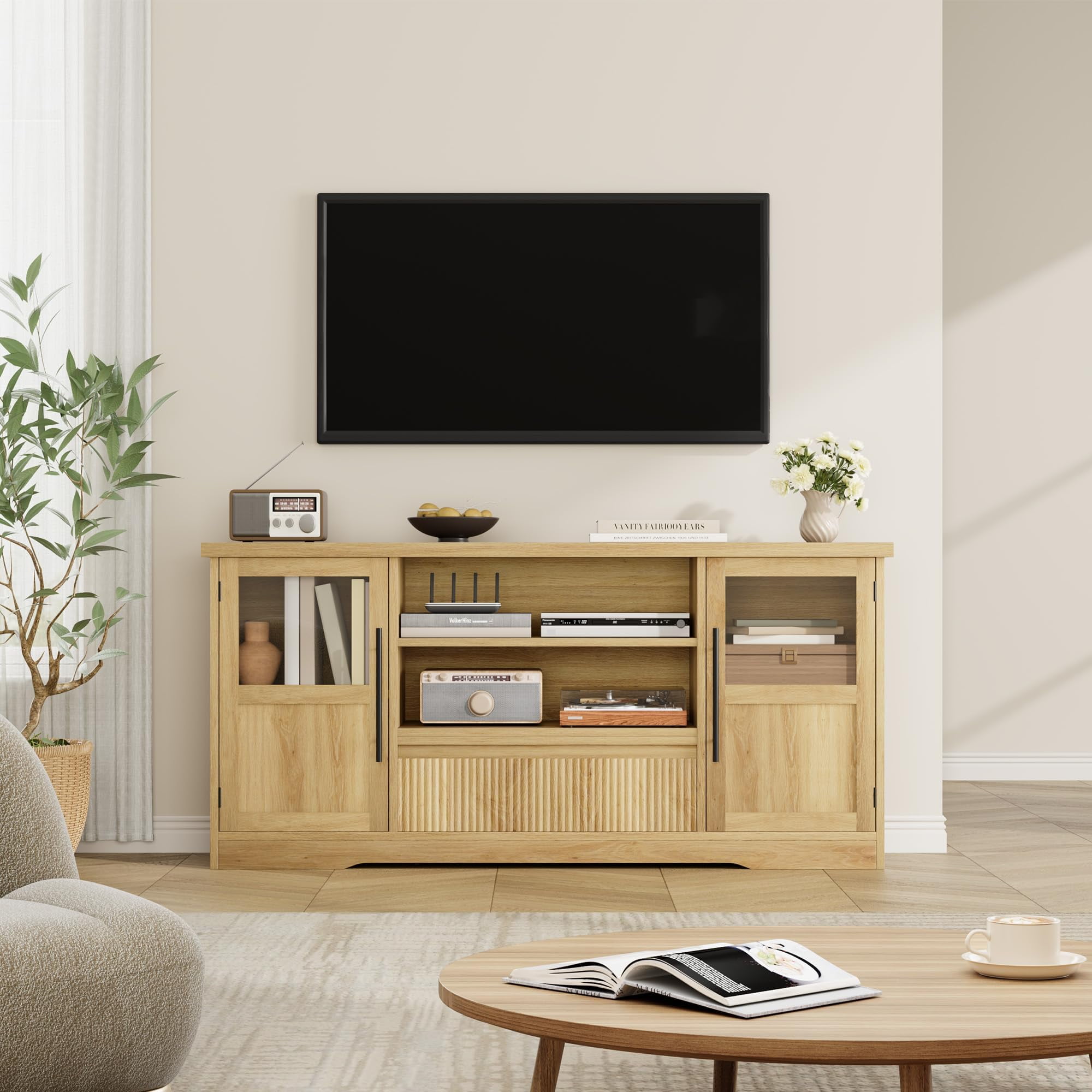 Modern Farmhouse TV Stand Entertainment Center with Wave Design ...