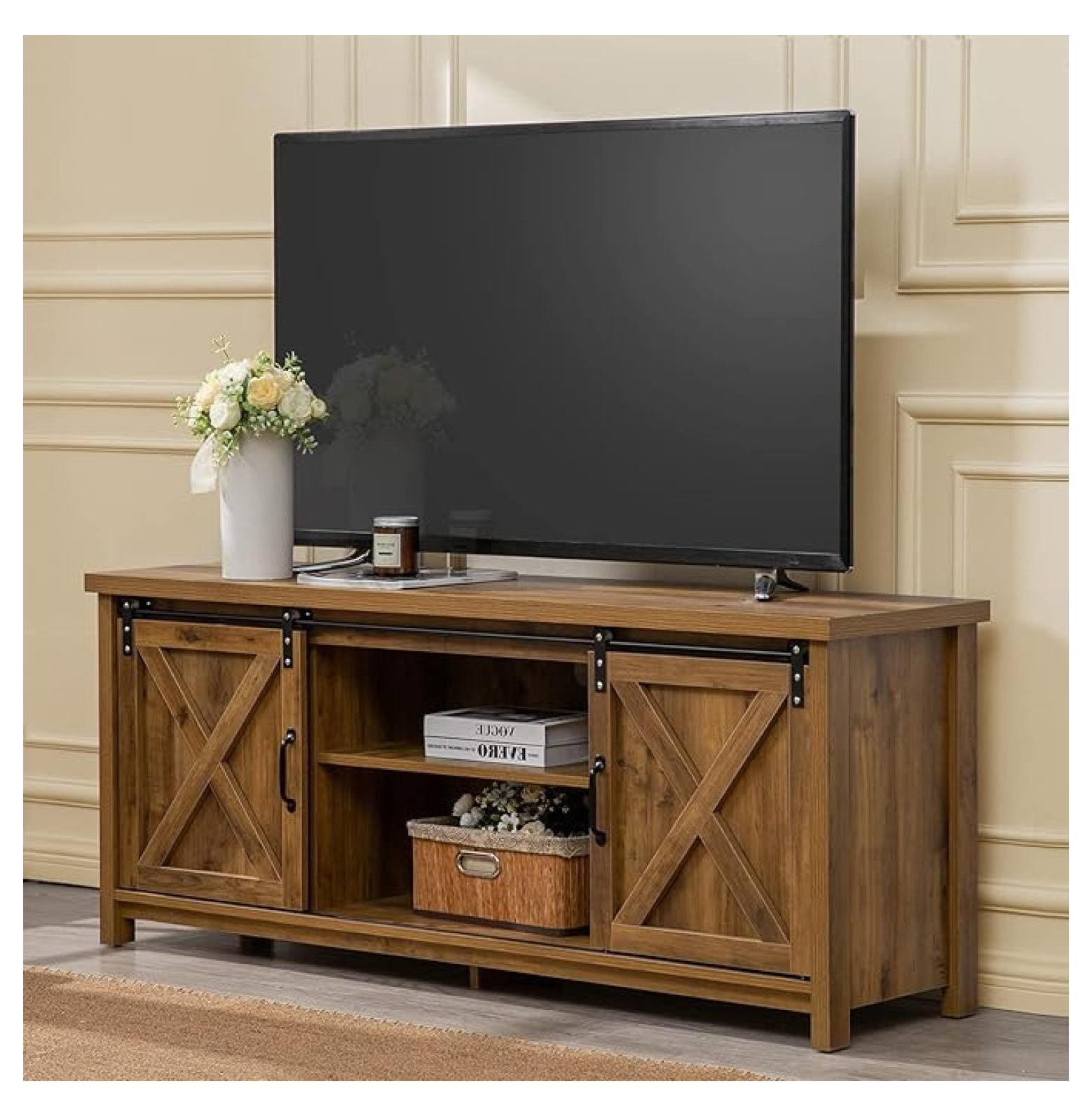 Modern Farmhouse TV Stand with Sliding Barn Doors, Media Entertainment ...