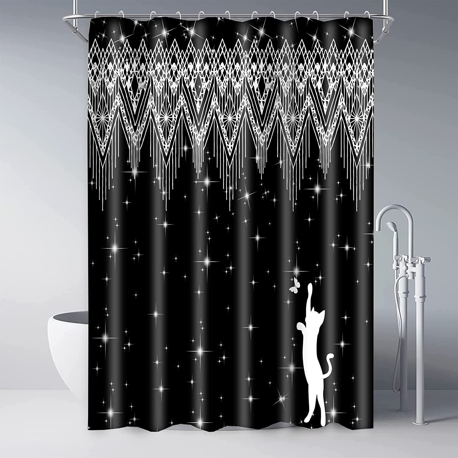 Modern Farmhouse Tassel Shower Curtain Liner Black Boho Bath Curtain