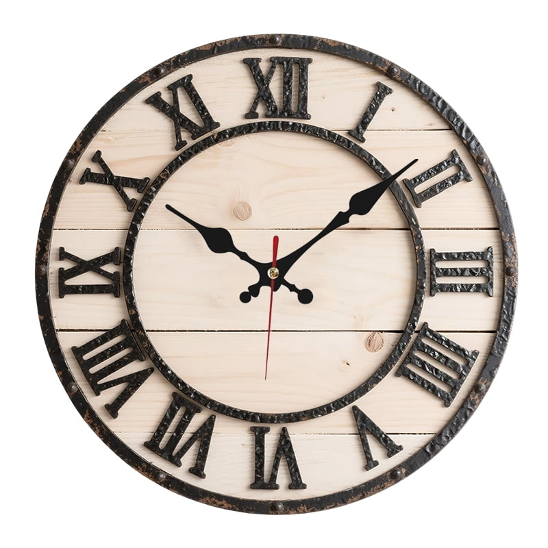 Modern Farmhouse Wall Clock Rustic Wood with Metal Roman Numerals ...