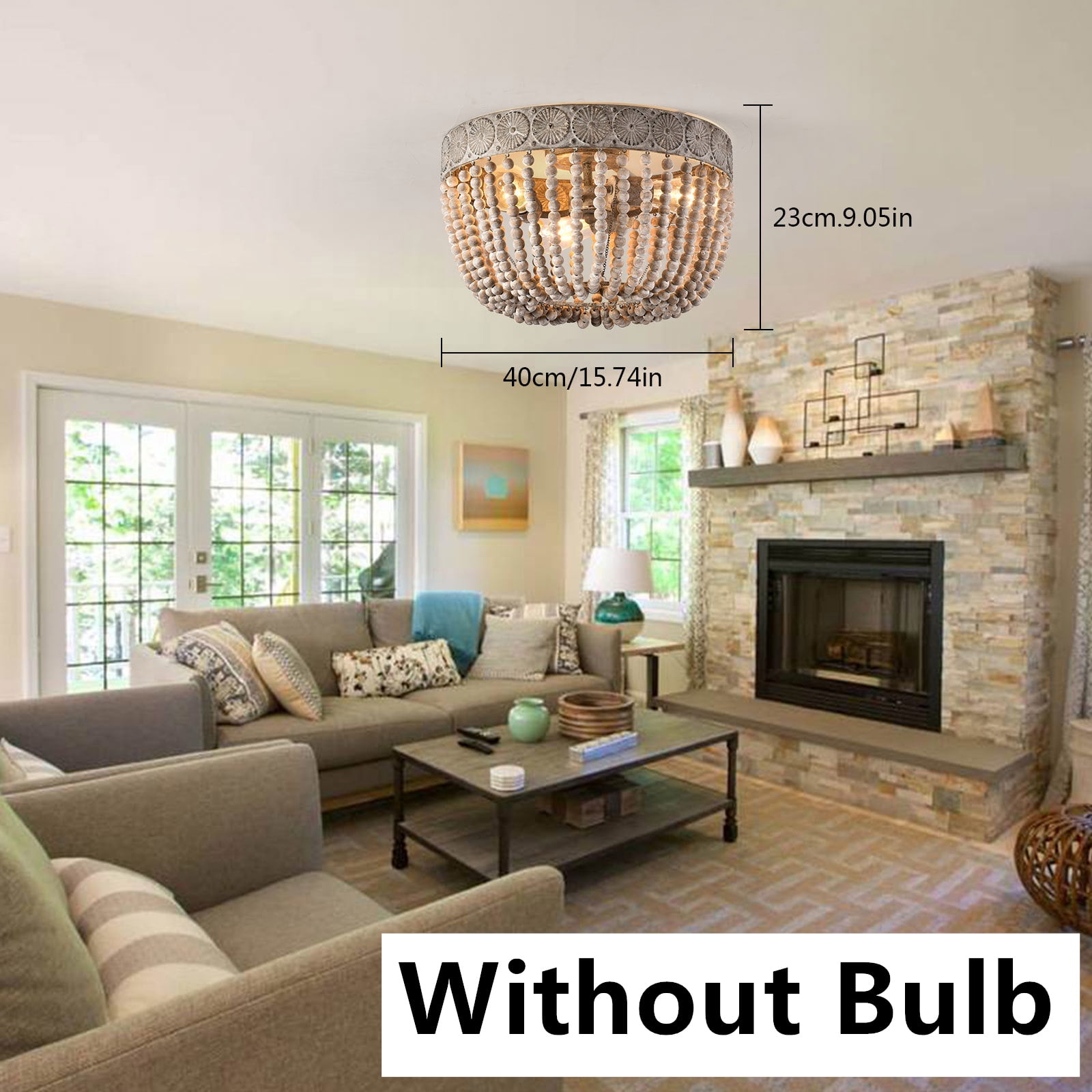 Modern Farmhouse Wood Bead Flush Mount Ceiling Lighting Fixture Room ...