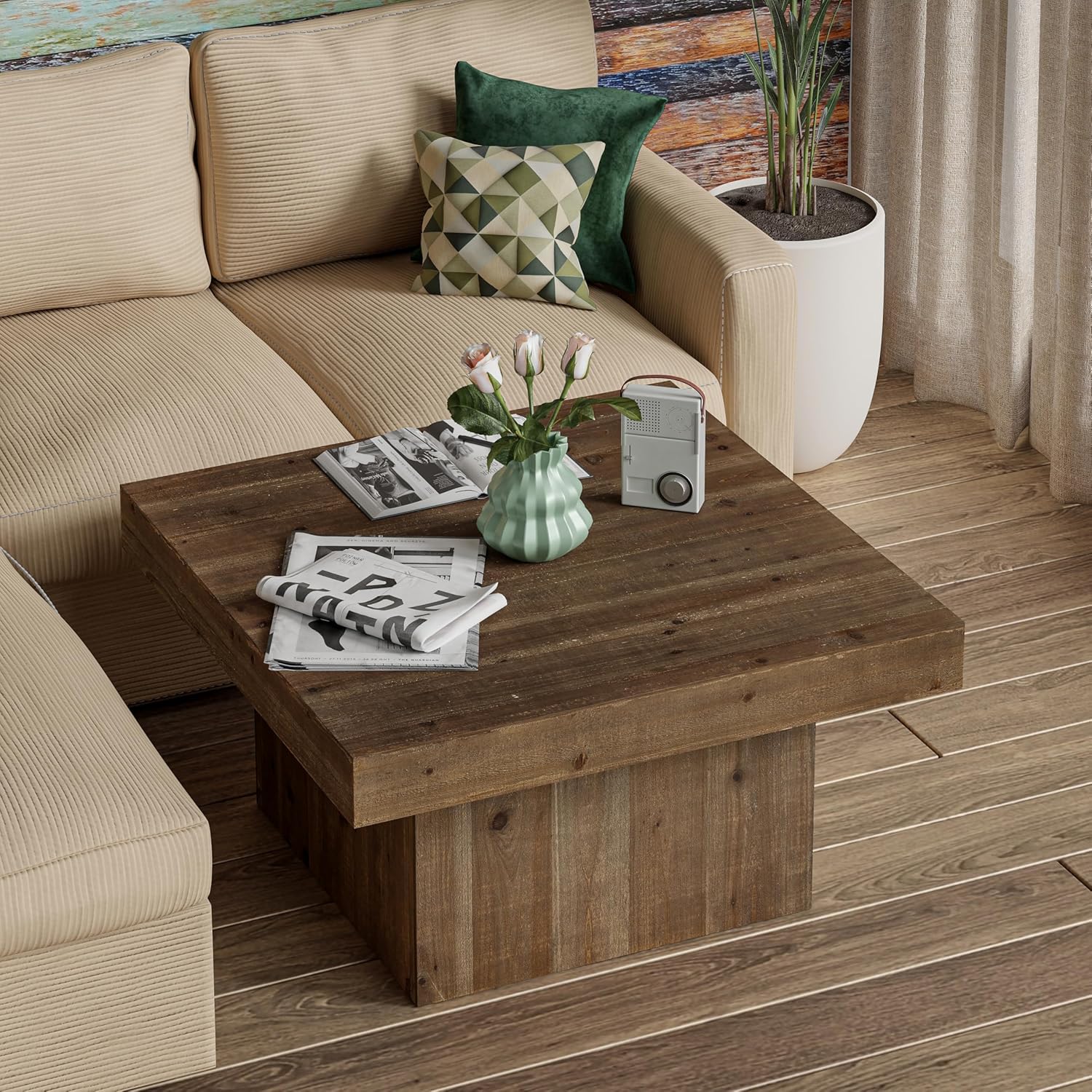 Modern Farmhouse Wood Block Coffee Table, Rustic Square Table Chunk ...