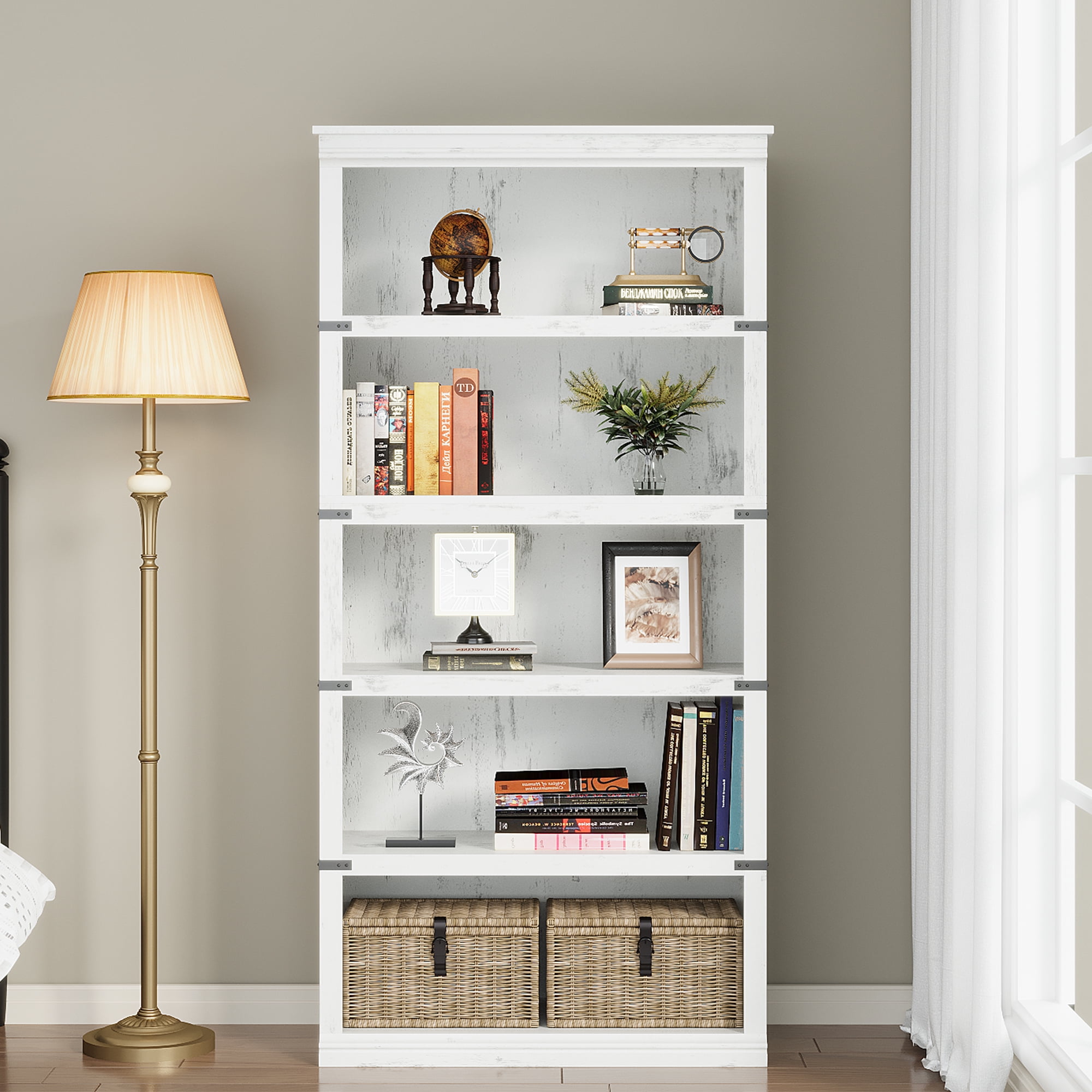 Modern Farmhouse Wooden Bookcase, 5-Tier Tall Floor Standing Bookshelf ...