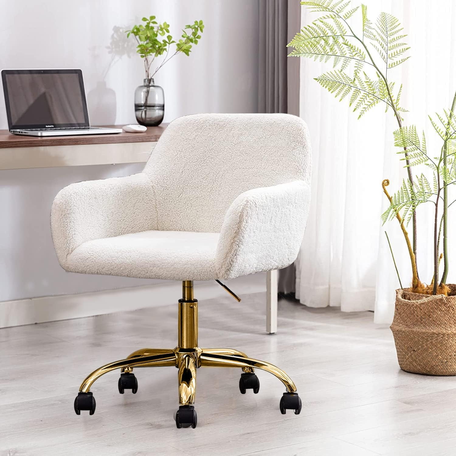 Modern Faux Fur Cute Office Chair, Upholstered Faux Fur Makeup Vanity ...