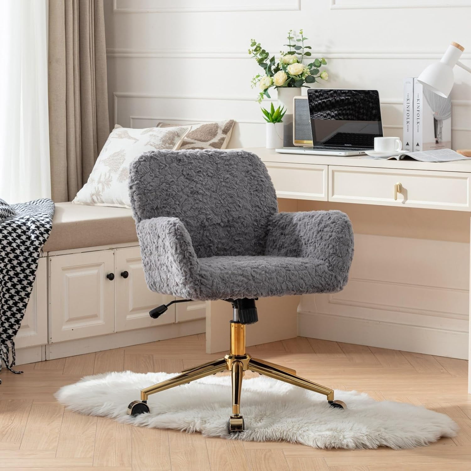 Modern Faux Fur Home Office Chair, Adjustable Swivel Office Chair for ...