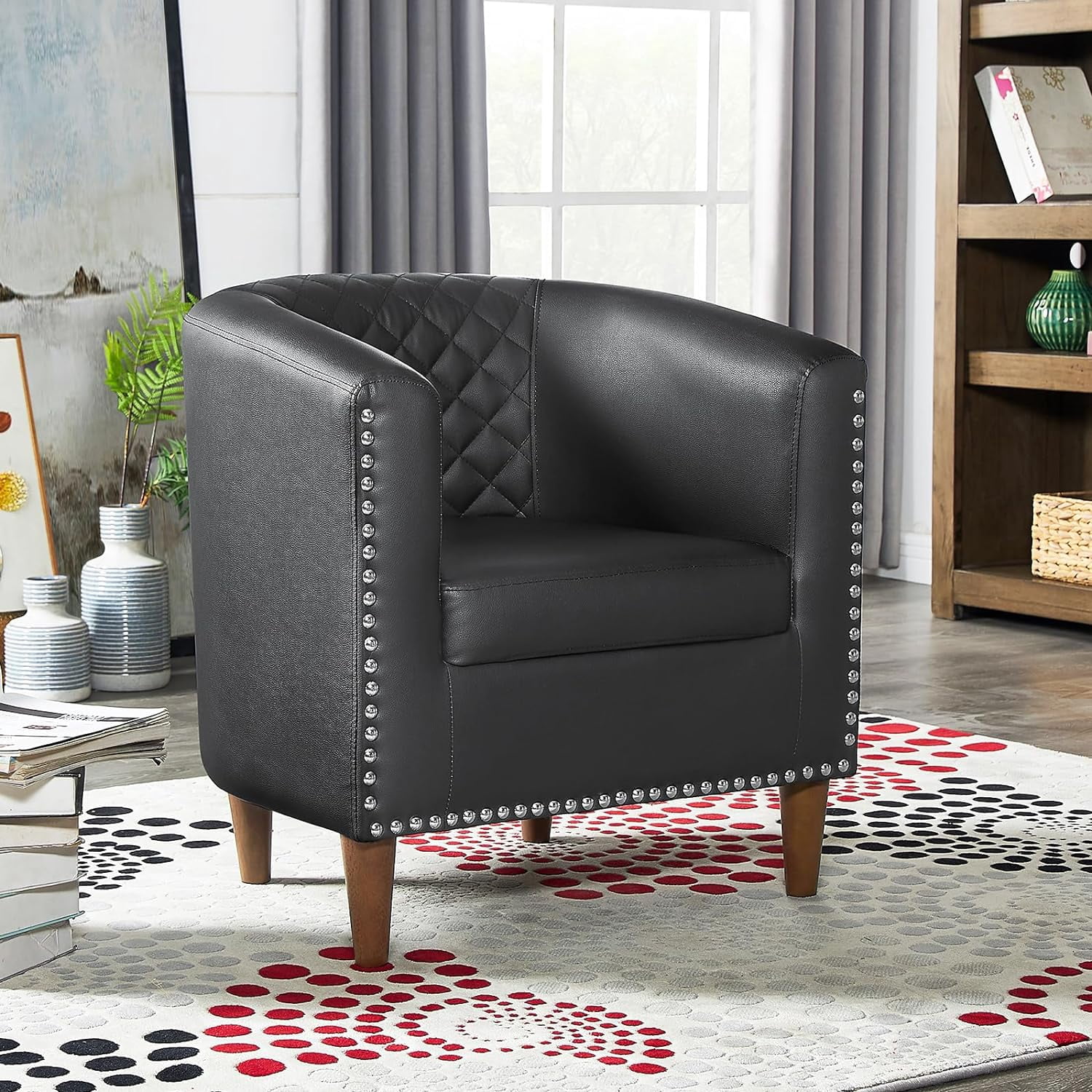 Modern Faux Leather Barrel Accent Chair, Comfy Round Armchair ...