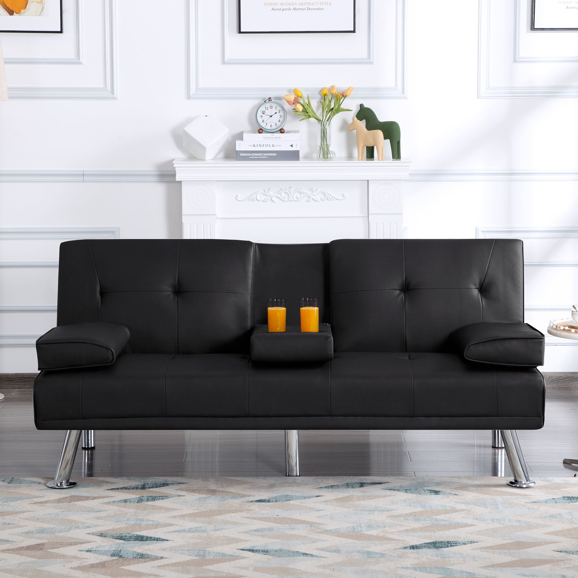 Modern Faux Leather Futon with Cup holders and Pillows Convertible ...