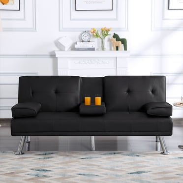 Mainstays Memory Foam Futon with Cupholder and USB, Black Faux Leather ...