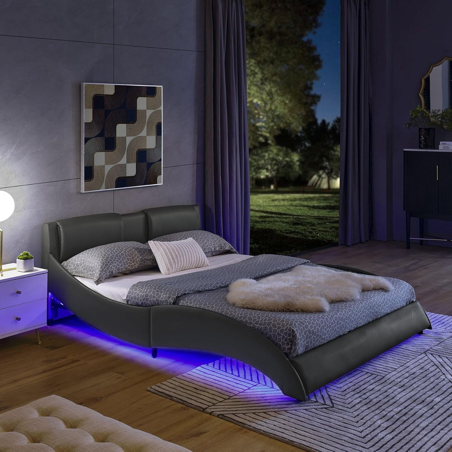 Modern Faux Leather Upholstered Platform Bed Frame Queen Size with ...