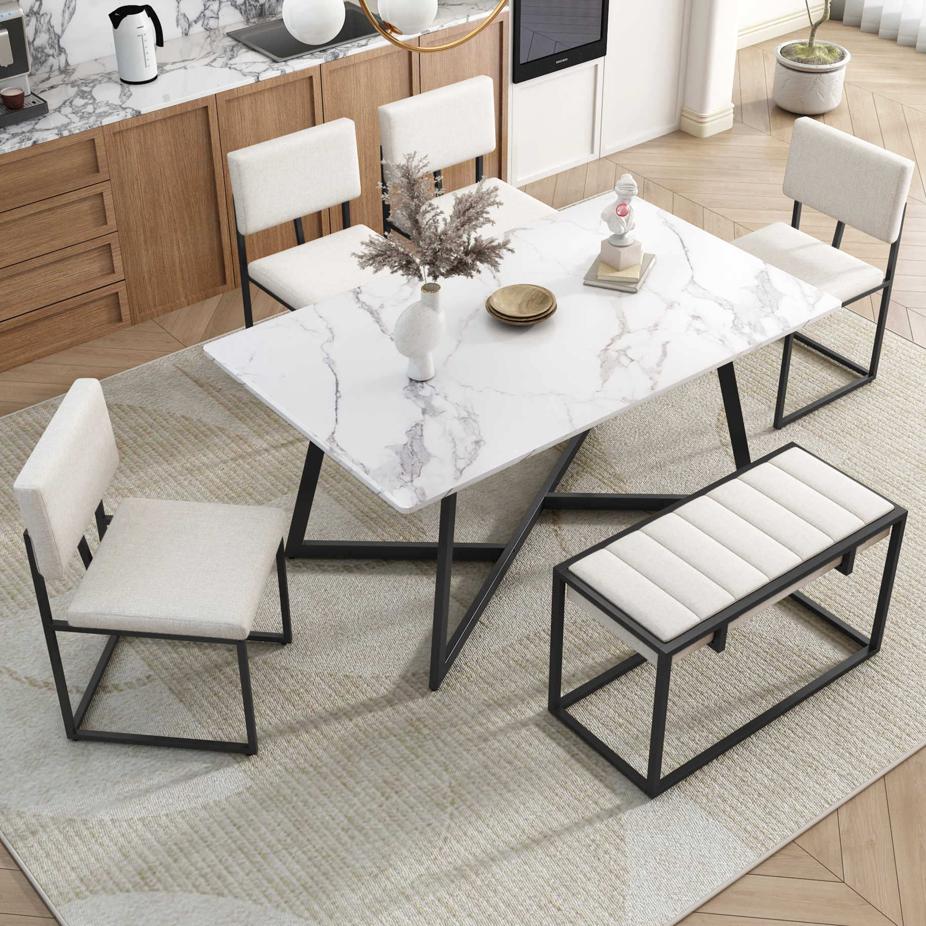 Modern Faux Marble 6-Piece Dining Table Set, 60-inch Metal Kitchen ...
