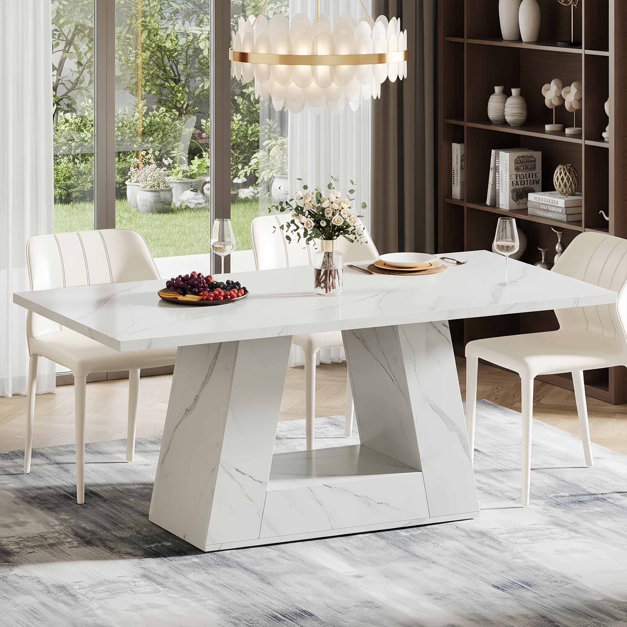 Modern Faux Marble Dining Table, 63" Rectangular 4-6 Seater Wood Table ...