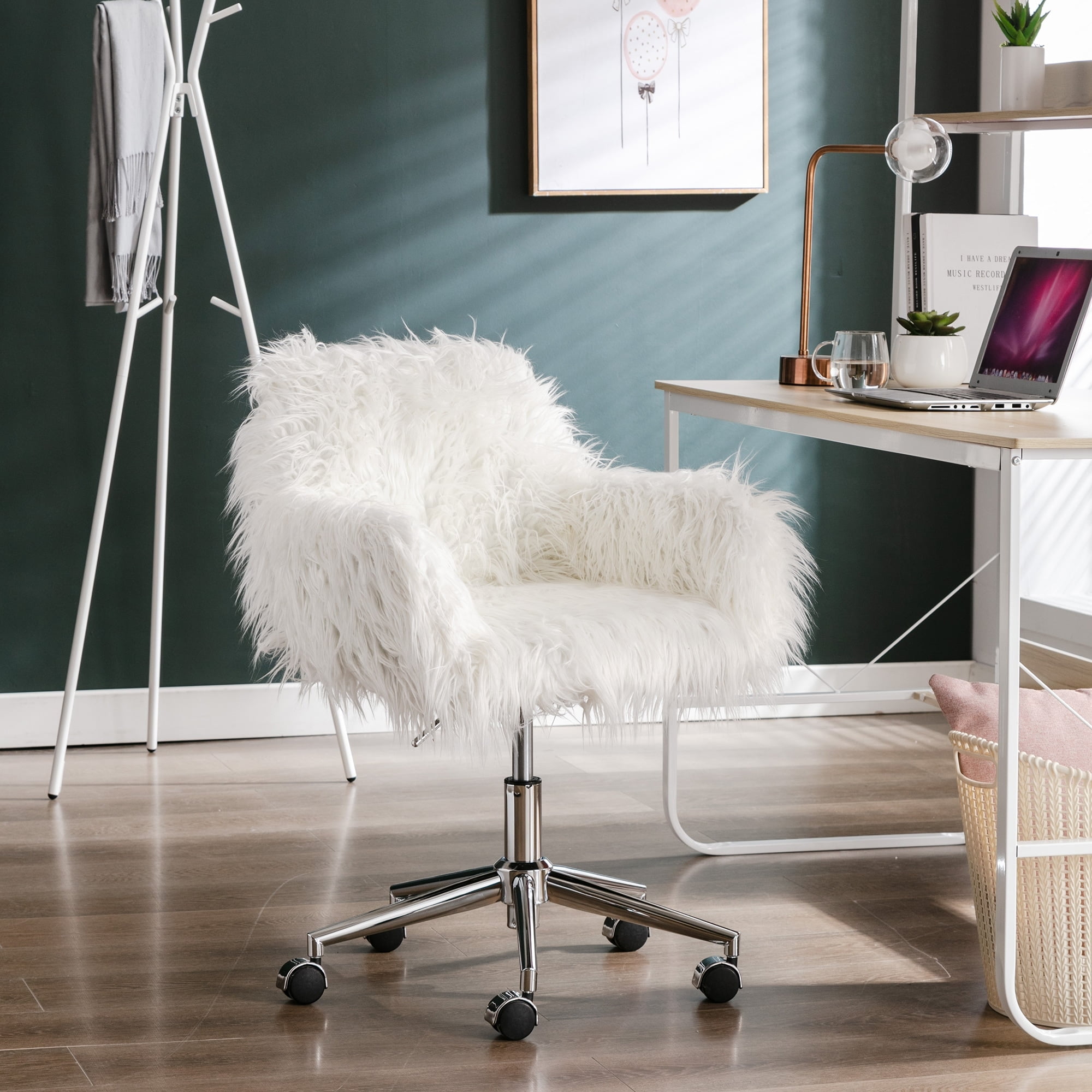 Modern Faux fur home office chair, fluffy chair for girls, makeup ...