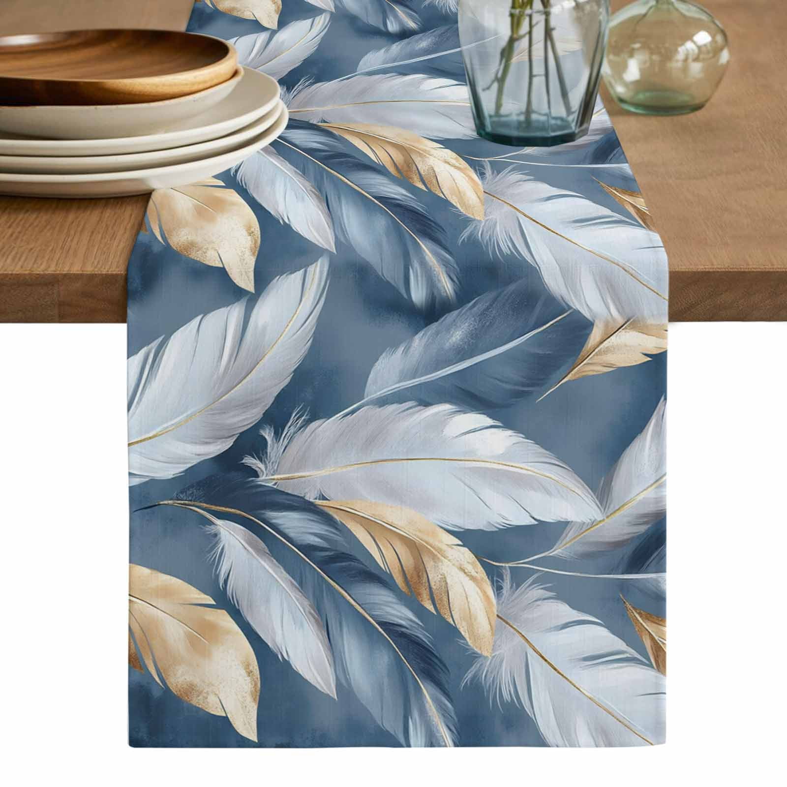 Modern Feather Table Runner, Aesthetics Gold White Blue Minimalist ...
